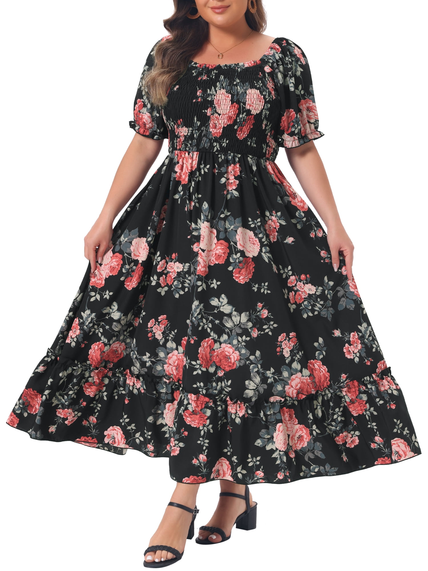 GRACE & GRANDEUR Women's Plus Size Short Sleeves Square Neck Smocked ...