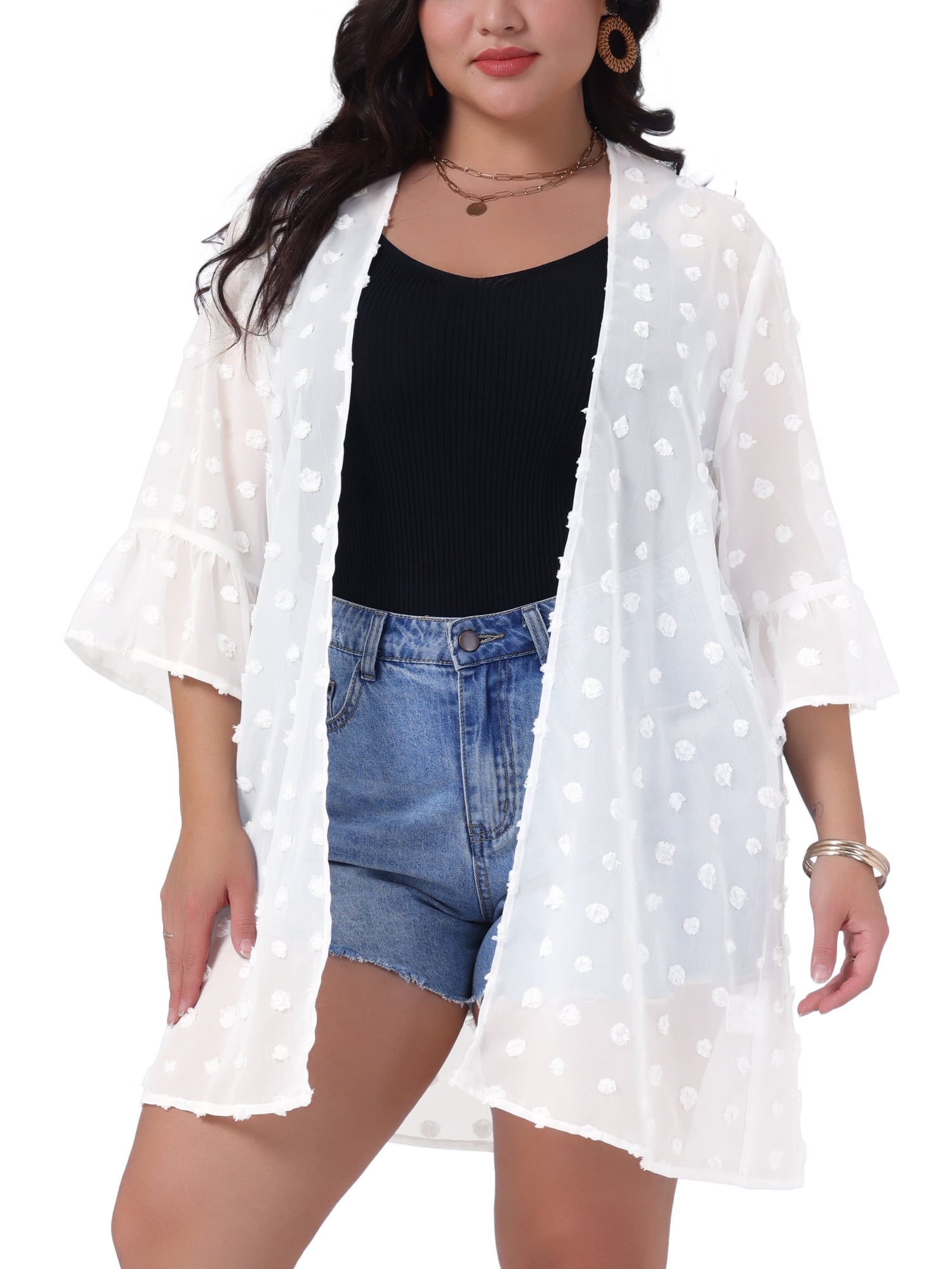 GRACE & GRANDEUR Women's Plus Size Summer Kimono Cardigans Half Sleeve Shrugs Open Front Casual ...