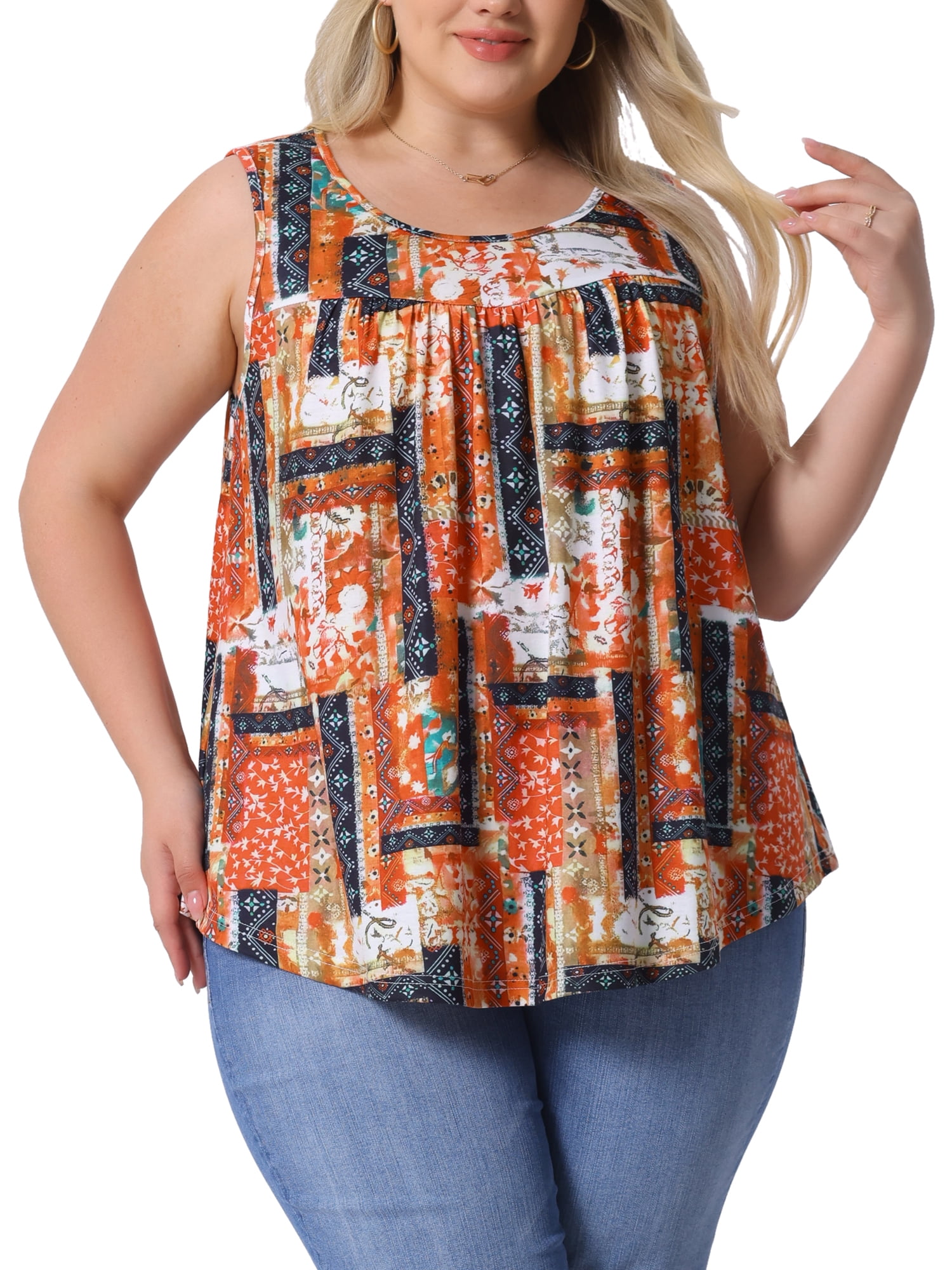 Agnes Orinda Women's Plus Size Boho Tank Tops Pleated Round Neck ...