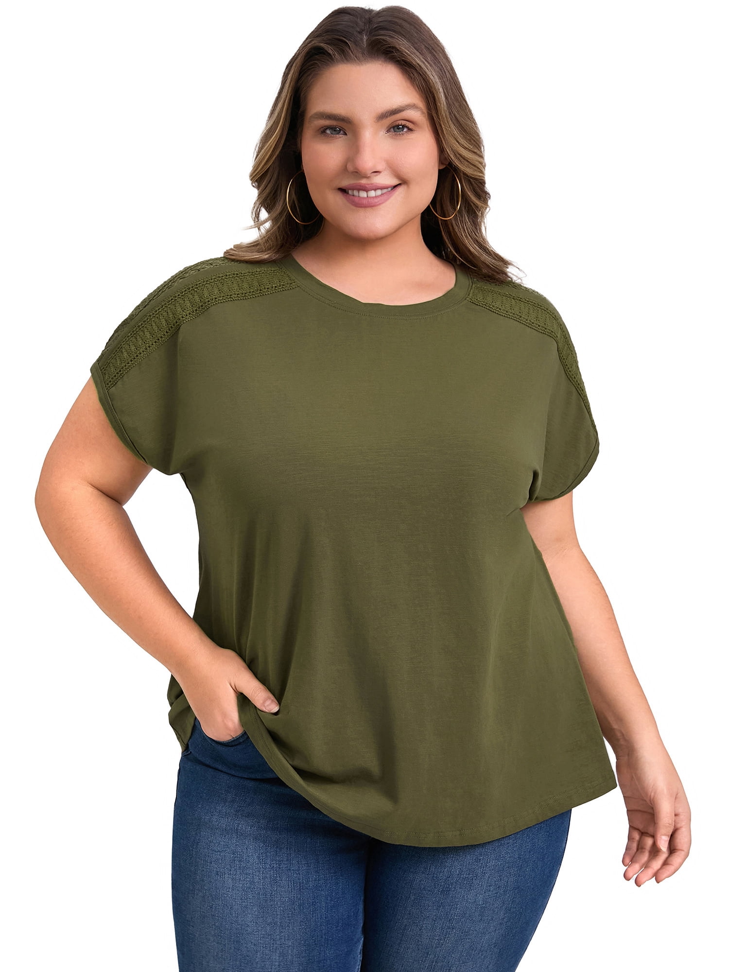 GRACE & GRANDEUR Women's Plus Size Tops Crew Neck Crochet Lace Trim ...