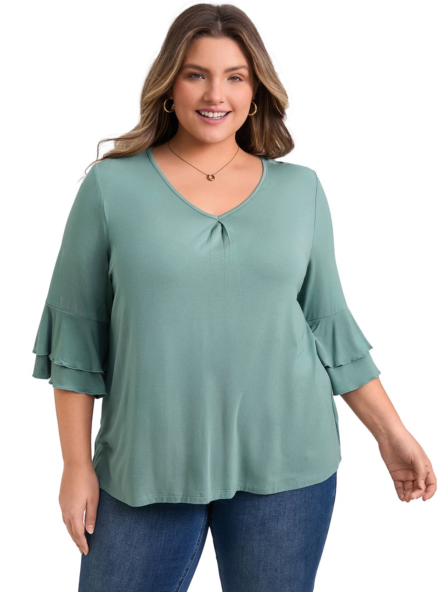 GRACE & GRANDEUR Women's Plus Size Tops Double Layered 3/4 Ruffle Sleeve V Neck Pleated Front ...