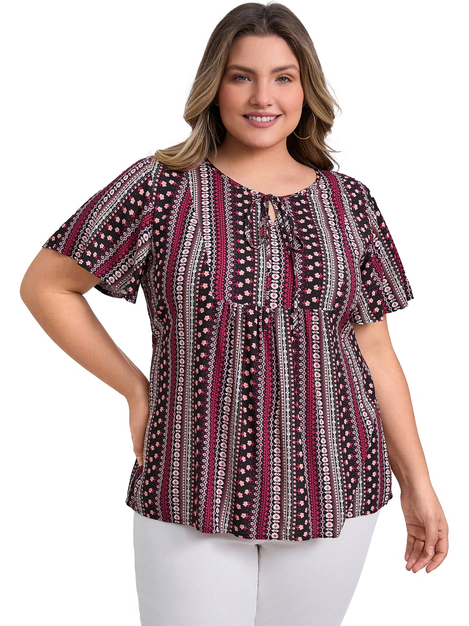 GRACE & GRANDEUR Women's Plus Size Tops Drawstring Collar Ruffle Sleeve ...