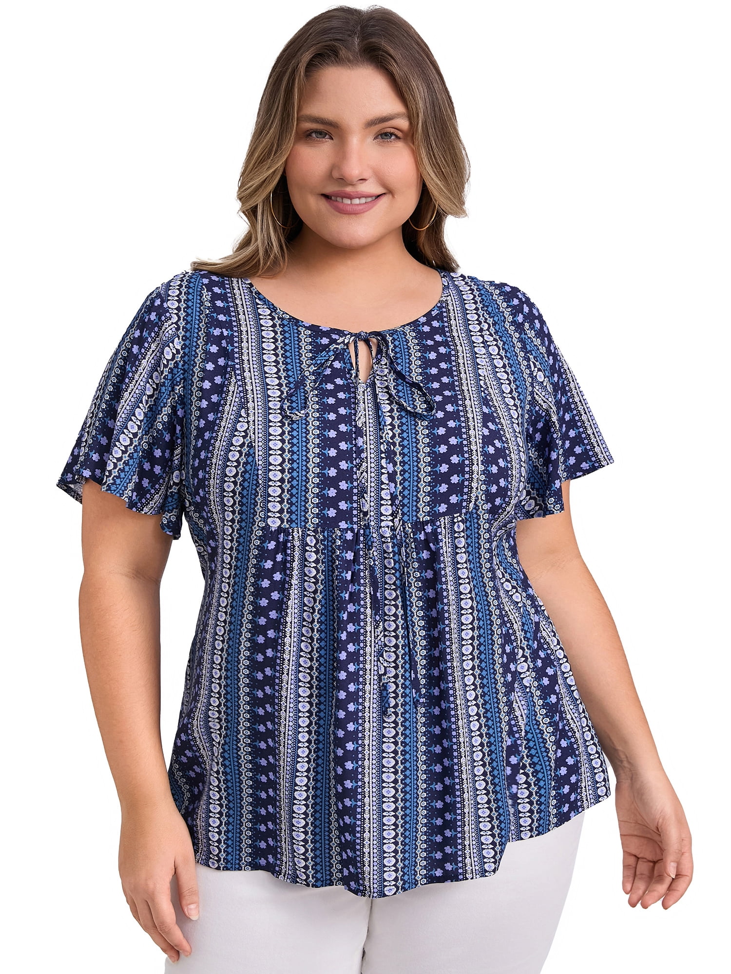 GRACE & GRANDEUR Women's Plus Size Tops Drawstring Collar Ruffle Sleeve ...