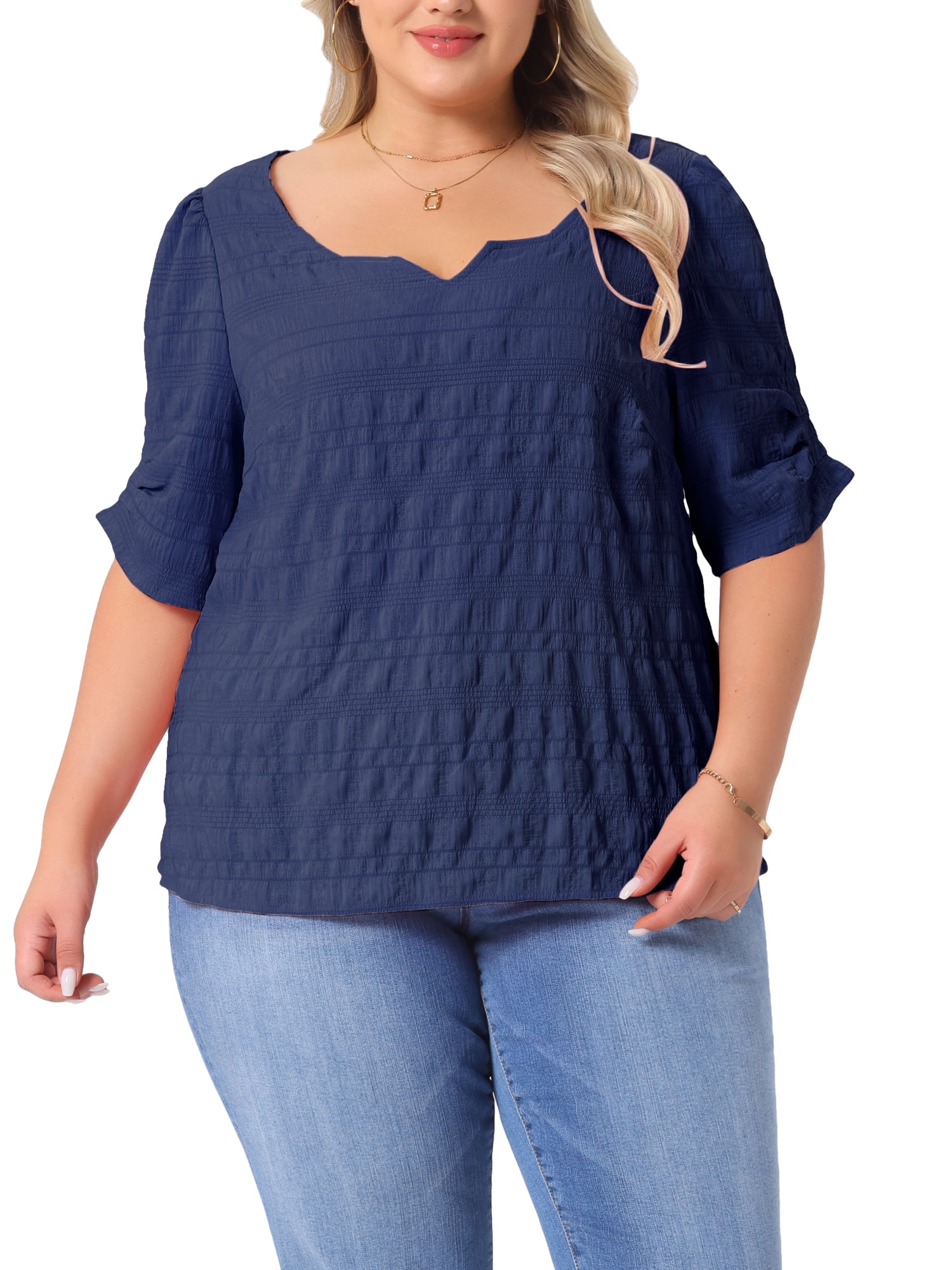 Agnes Orinda Women's Plus Size Tops Texture Pleated Notched V Neck ...