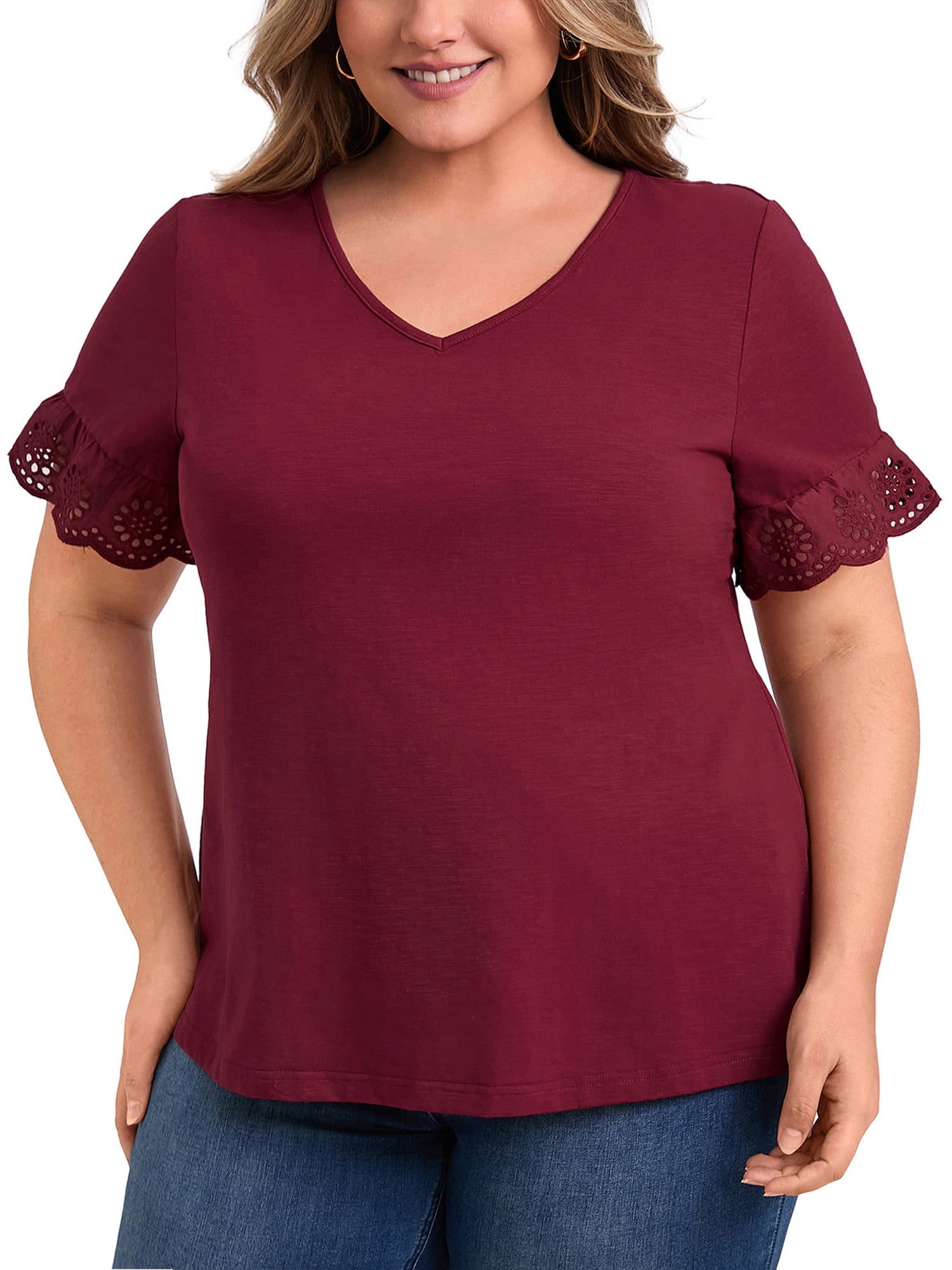 GRACE & GRANDEUR Women's Plus Size Tops V Neck Dressy Casual Top Eyelet Embroidered Lace Short ...