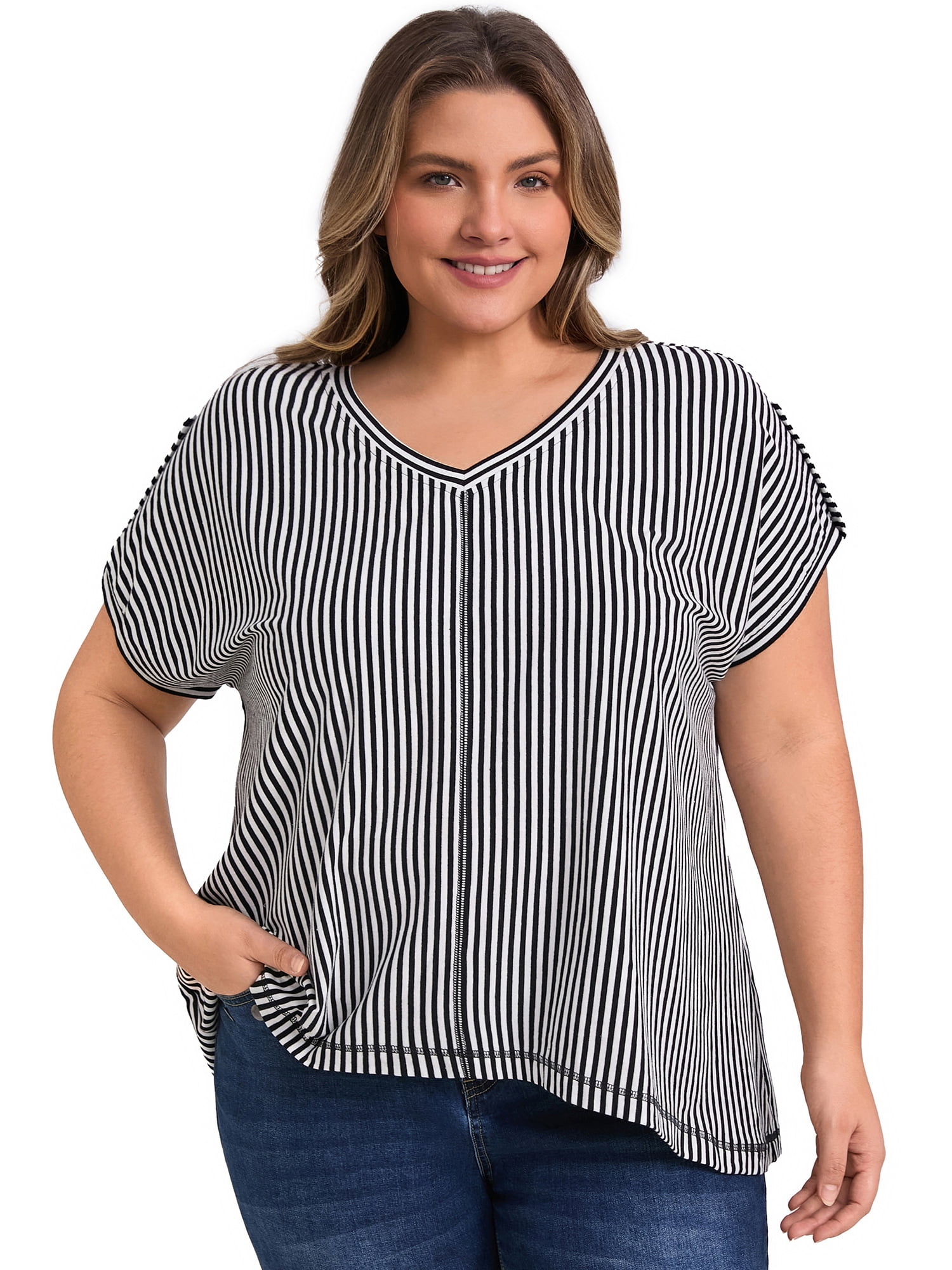 GRACE & GRANDEUR Women's Plus Size Tops Vertical Stripe V Neck Short ...