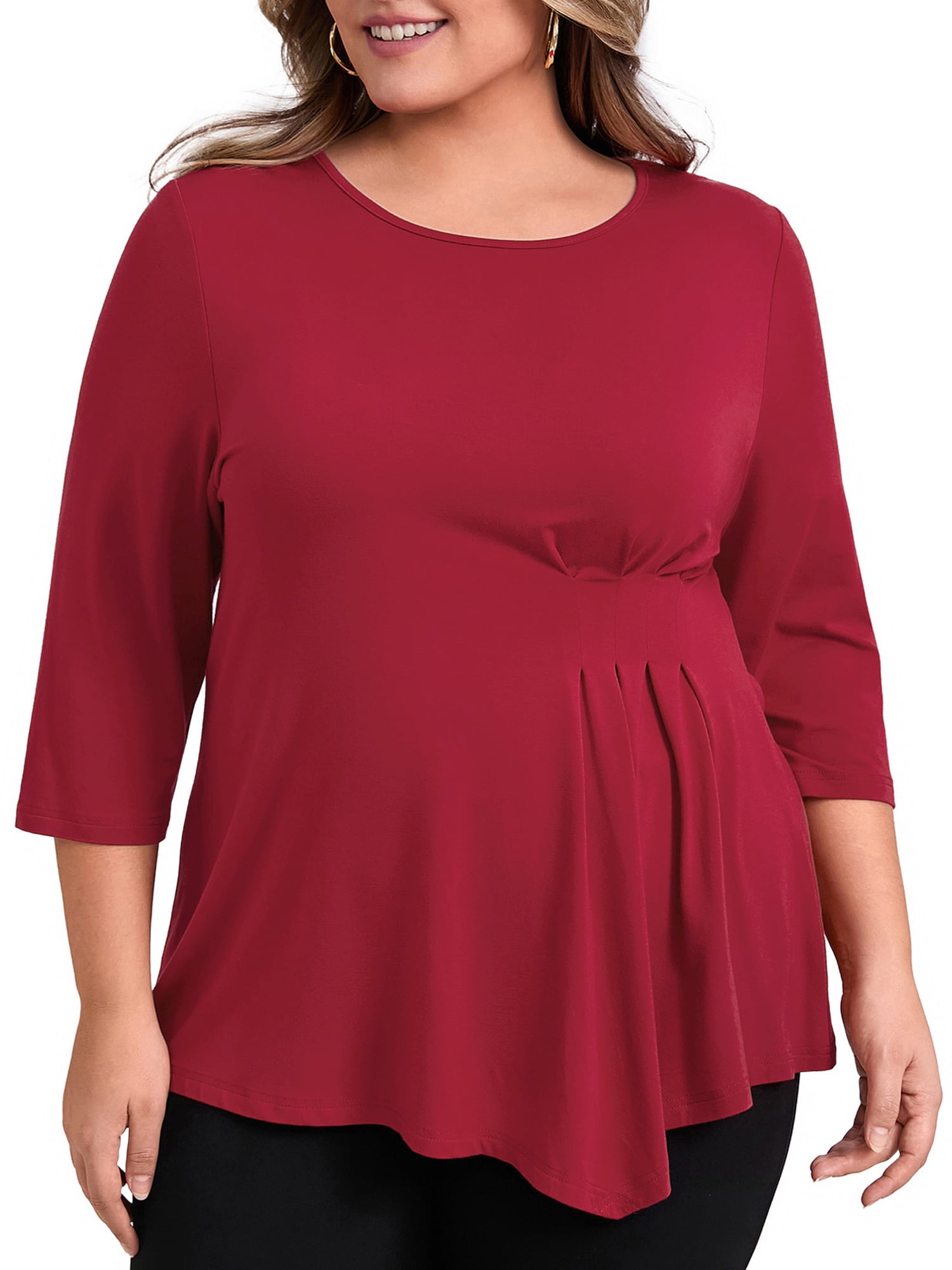 GRACE & GRANDEUR Women's Plus Size Tops Waist Pleated 3/4 Sleeve Loose ...