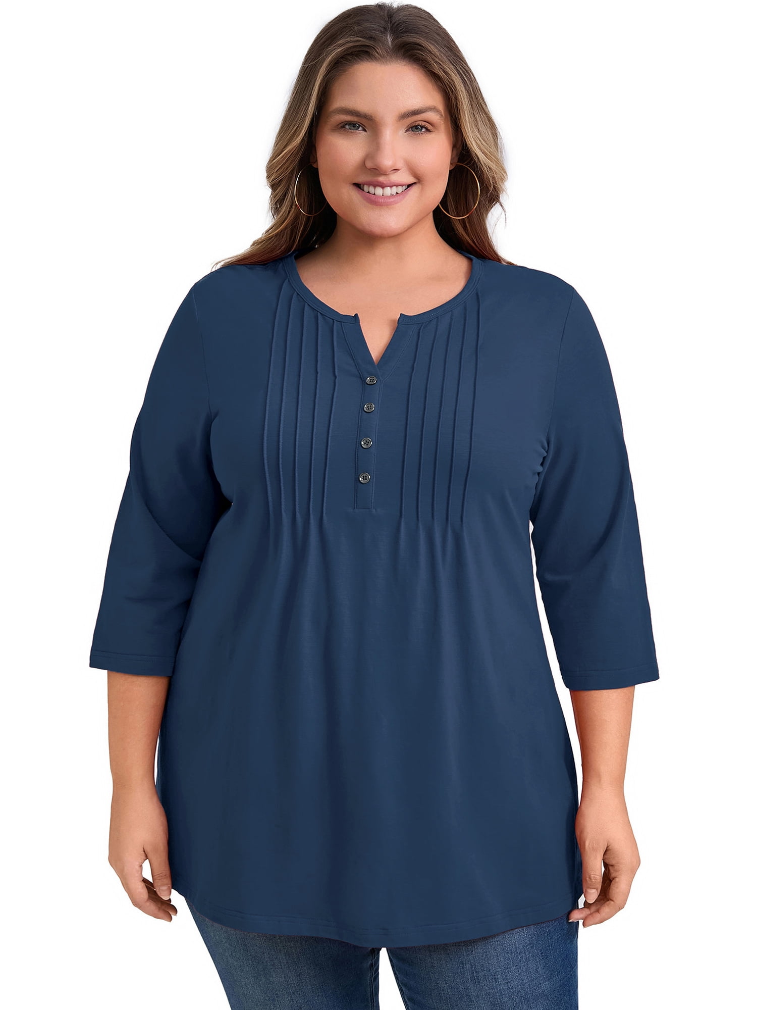 GRACE & GRANDEUR Women's Plus Size Tunic Tops V Neck Henley Button ...