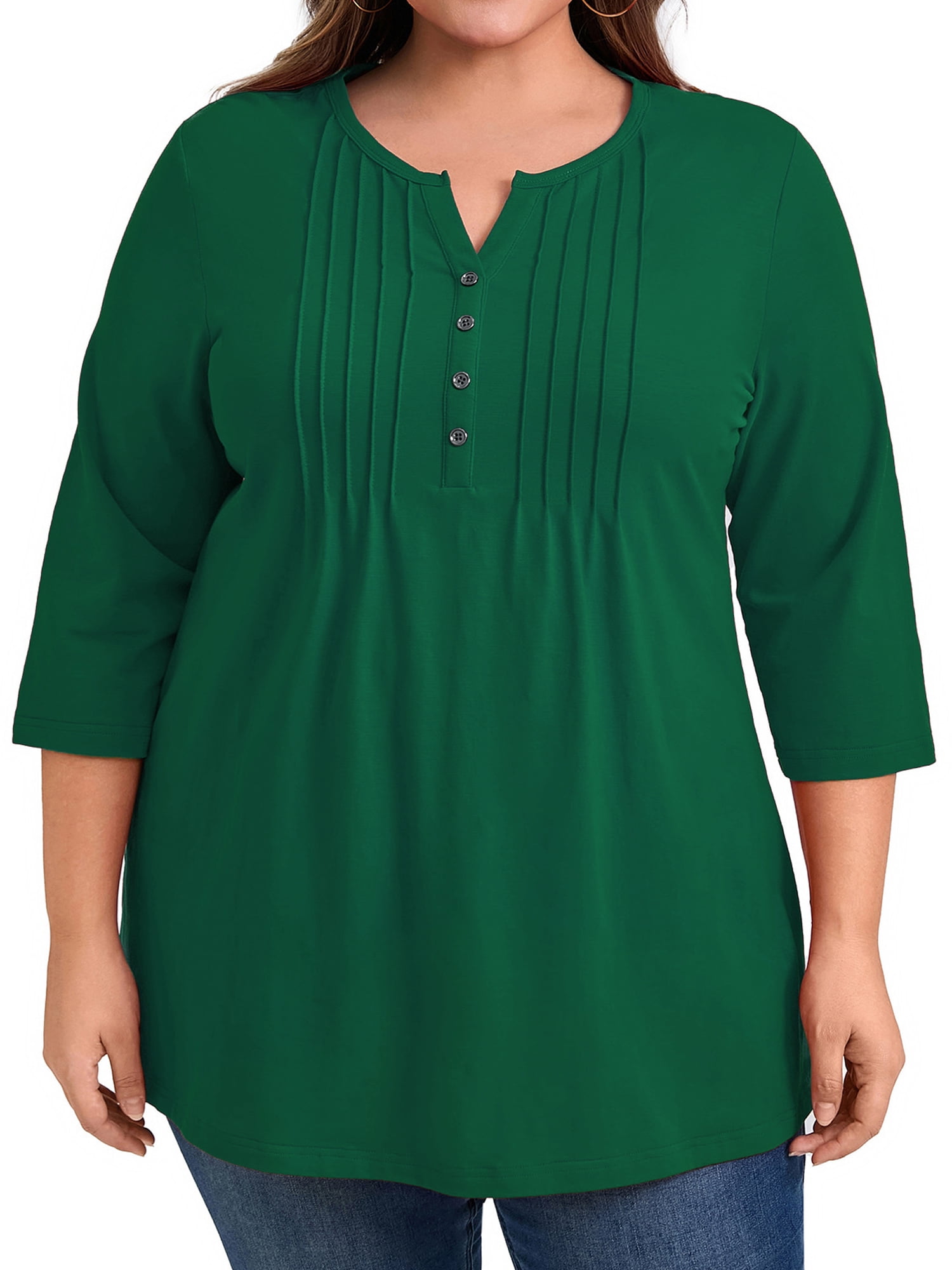 GRACE & GRANDEUR Women's Plus Size Tunic Tops Pintuck Pleated V Neck 3/ ...