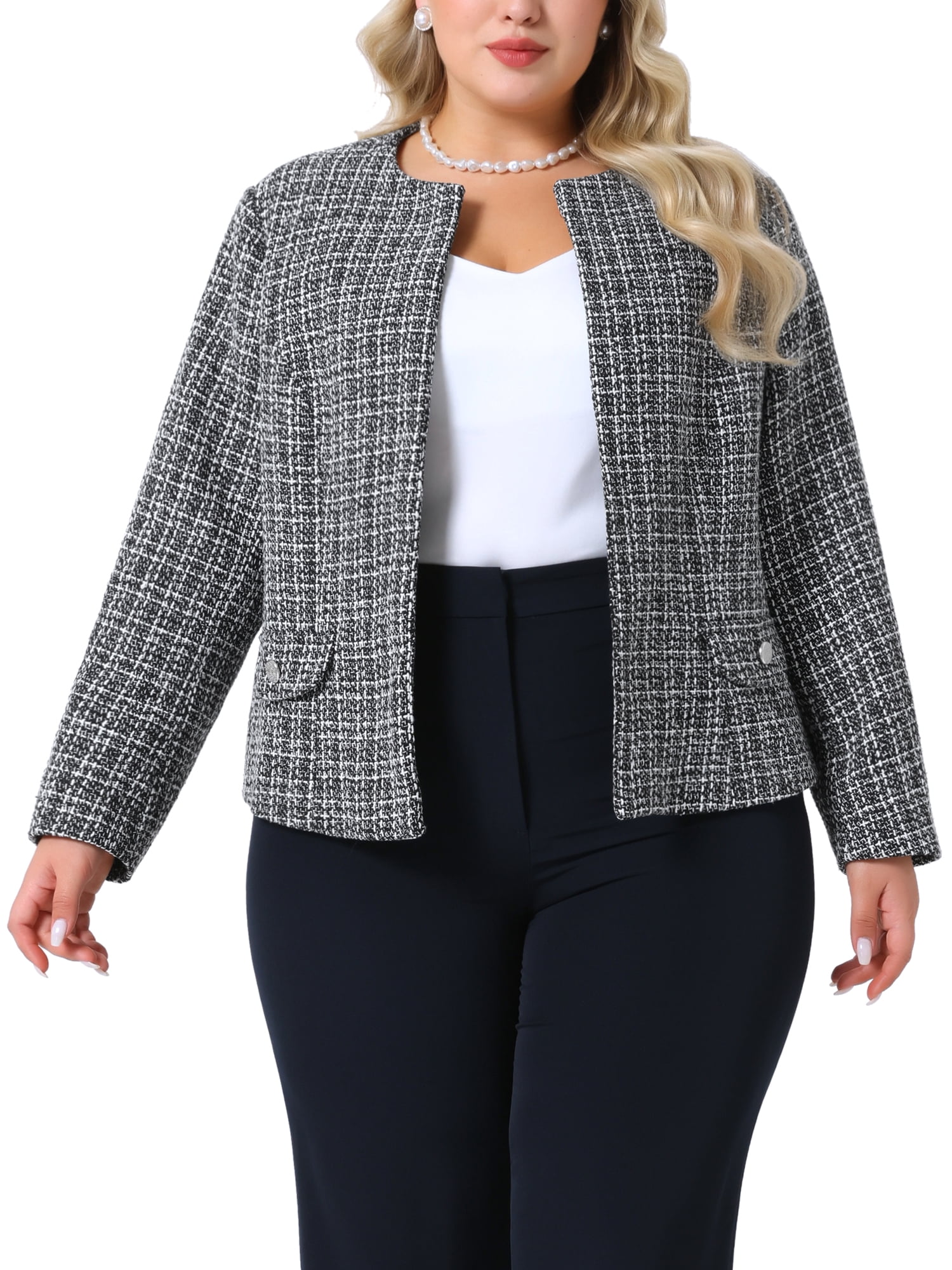 GRACE & GRANDEUR Women's Plus Size Tweed Blazer Collarless Long Sleeve ...