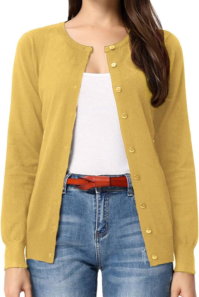 Grace Karin Womens Long Sleeve Button Down Crew Neck Classic Sweater