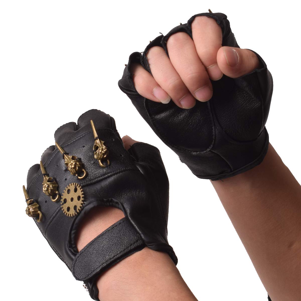 GRACEART Steampunk Leather Gloves Men with Gears Fingerless Mittens ...