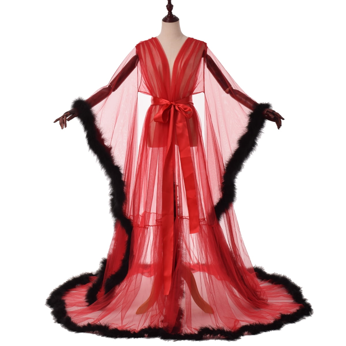 GRACEART Women Dressing Gown Perspective Sheer Long Robe Puffy Tulle ...