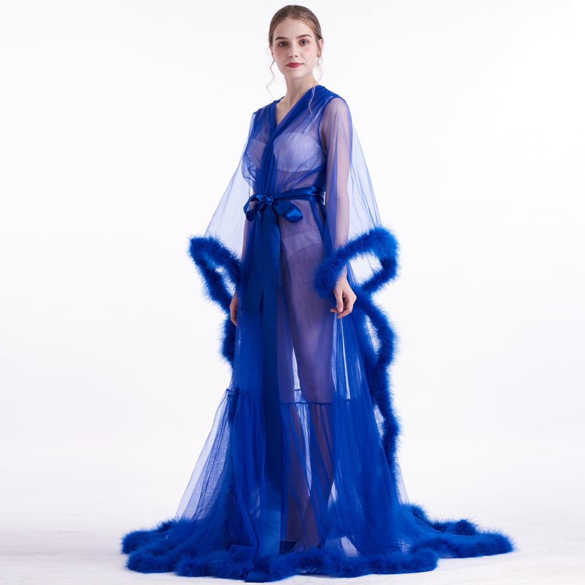 GRACEART Women Dressing Gown Perspective Sheer Long Robe Puffy Tulle ...