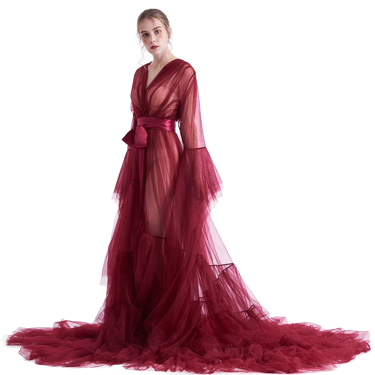 GRACEART Women Dressing Gown Perspective Sheer Long Robe Puffy Tulle ...