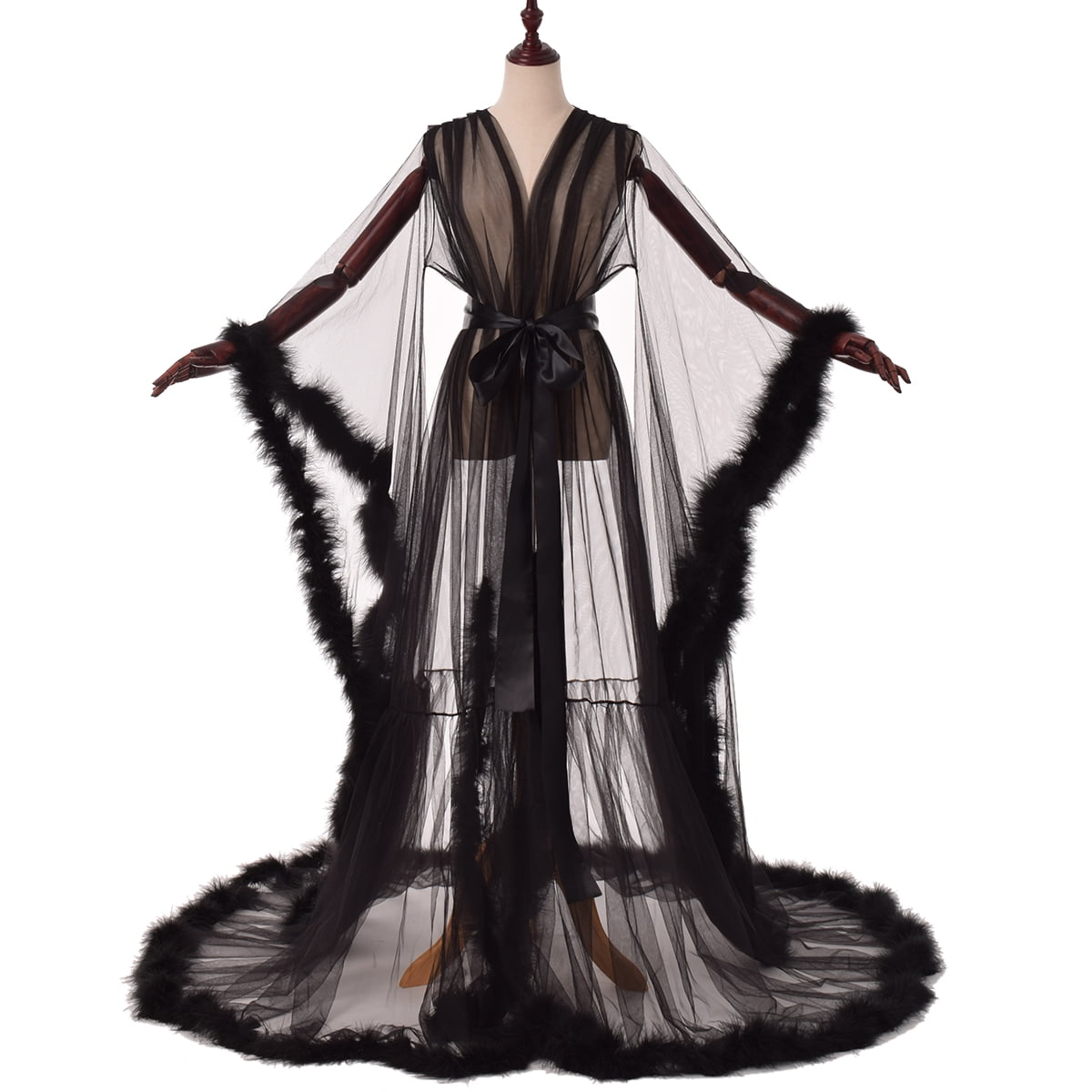 GRACEART Women Dressing Gown Perspective Sheer Long Robe Puffy Tulle ...