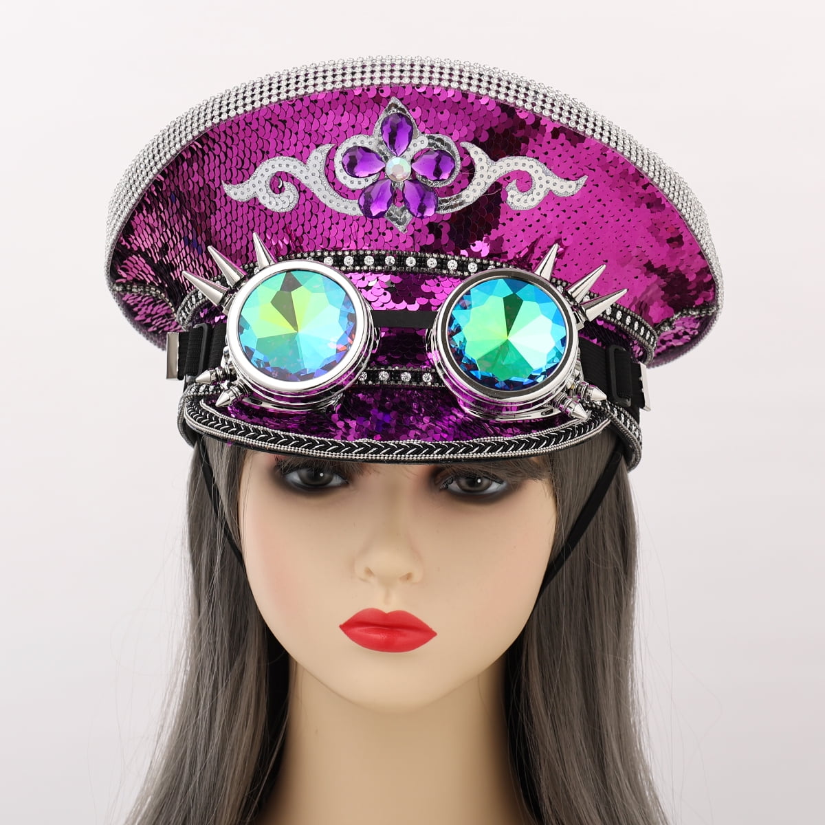 GRACEART Women Steampunk Sequins Hat with Goggles Military Hat Officer ...