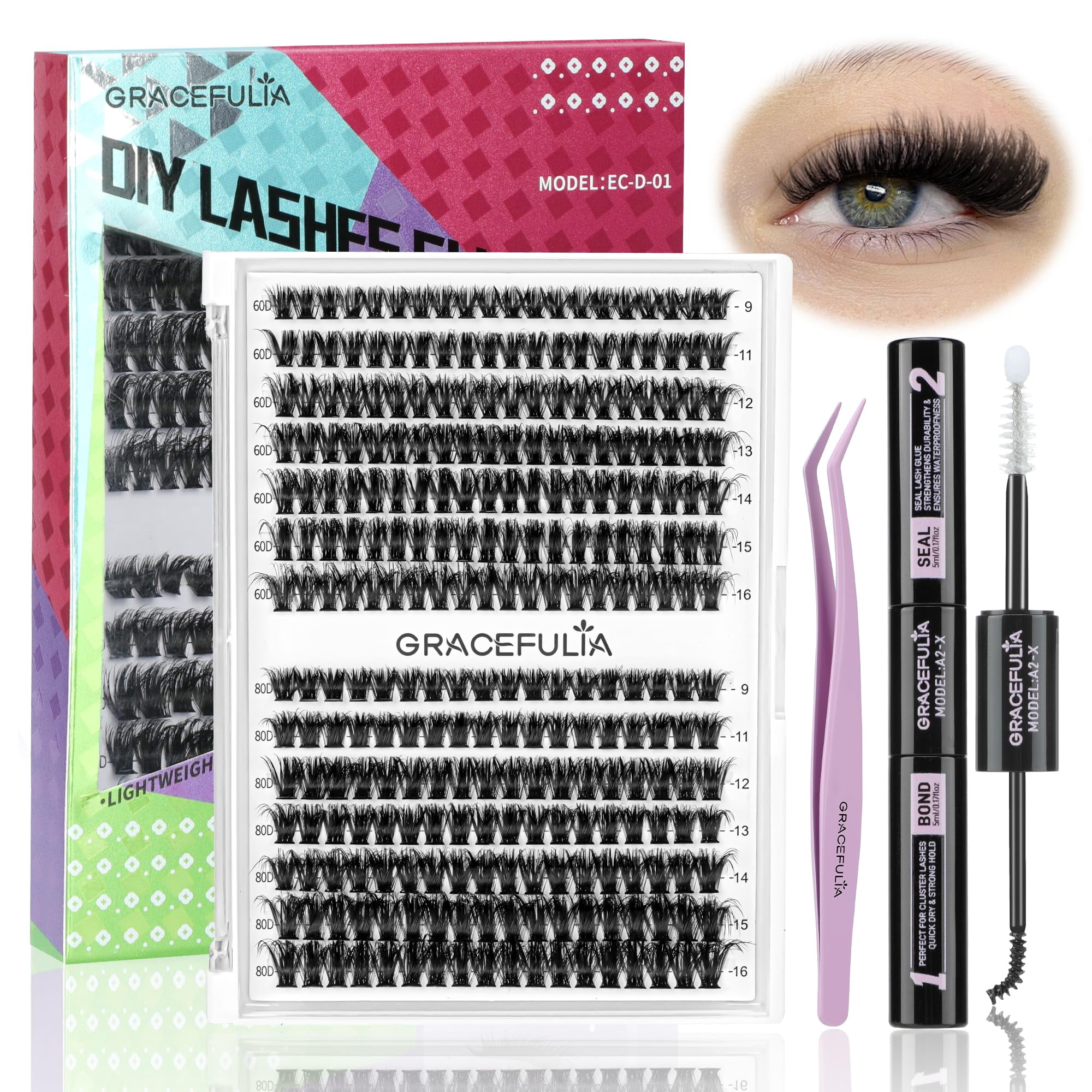 GRACEFULIA Fluffy Lash Clusters SSF20 Kit 60D+80D, DIY Lash Extension ...