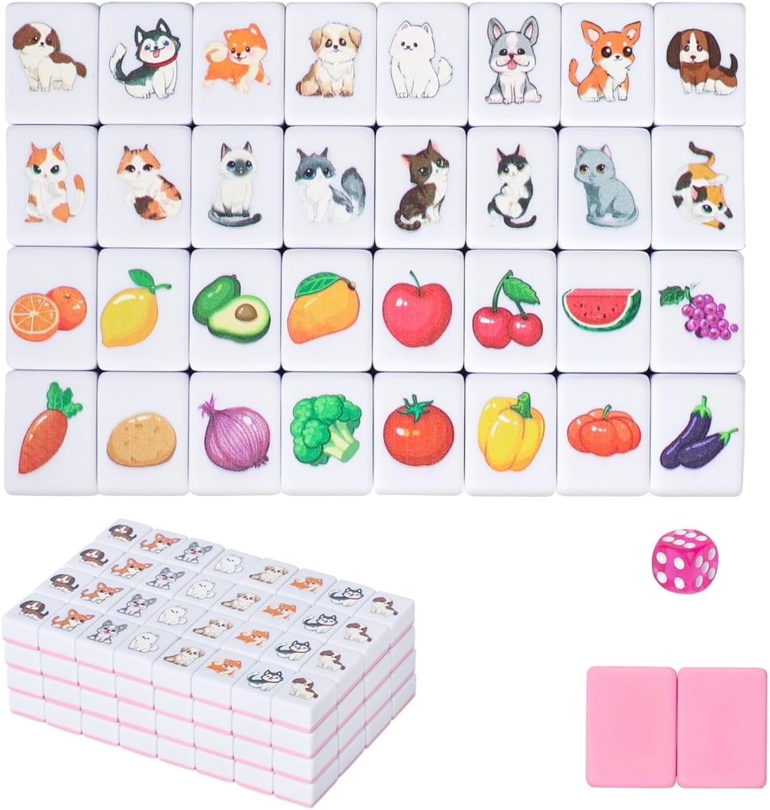 GRACIAS 4 Players Mahjong Block Set, 128 Pink Tiles(1.18”) with Animal ...
