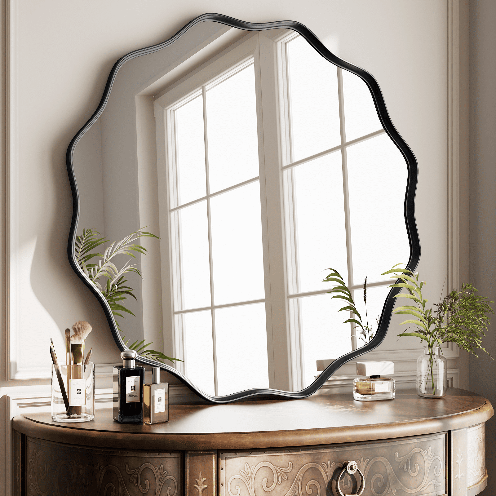 GRAHMCY 36" Wavy Round Bathroom Mirror Decorative Wall Mirror With Deep ...