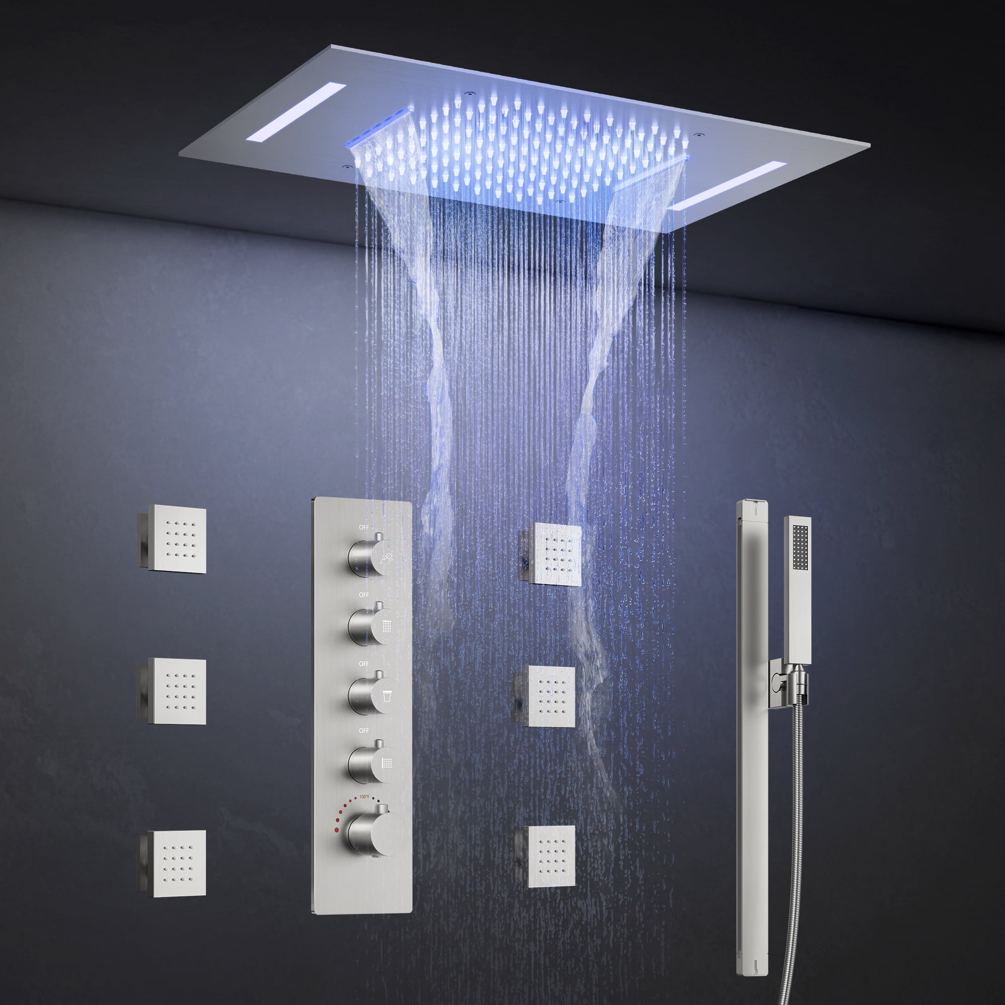 GRANDJOY LUXURY Shower Faucet Set, 22"x15" LED Ceiling Mount Rainfall & Waterfall Shower Head ...