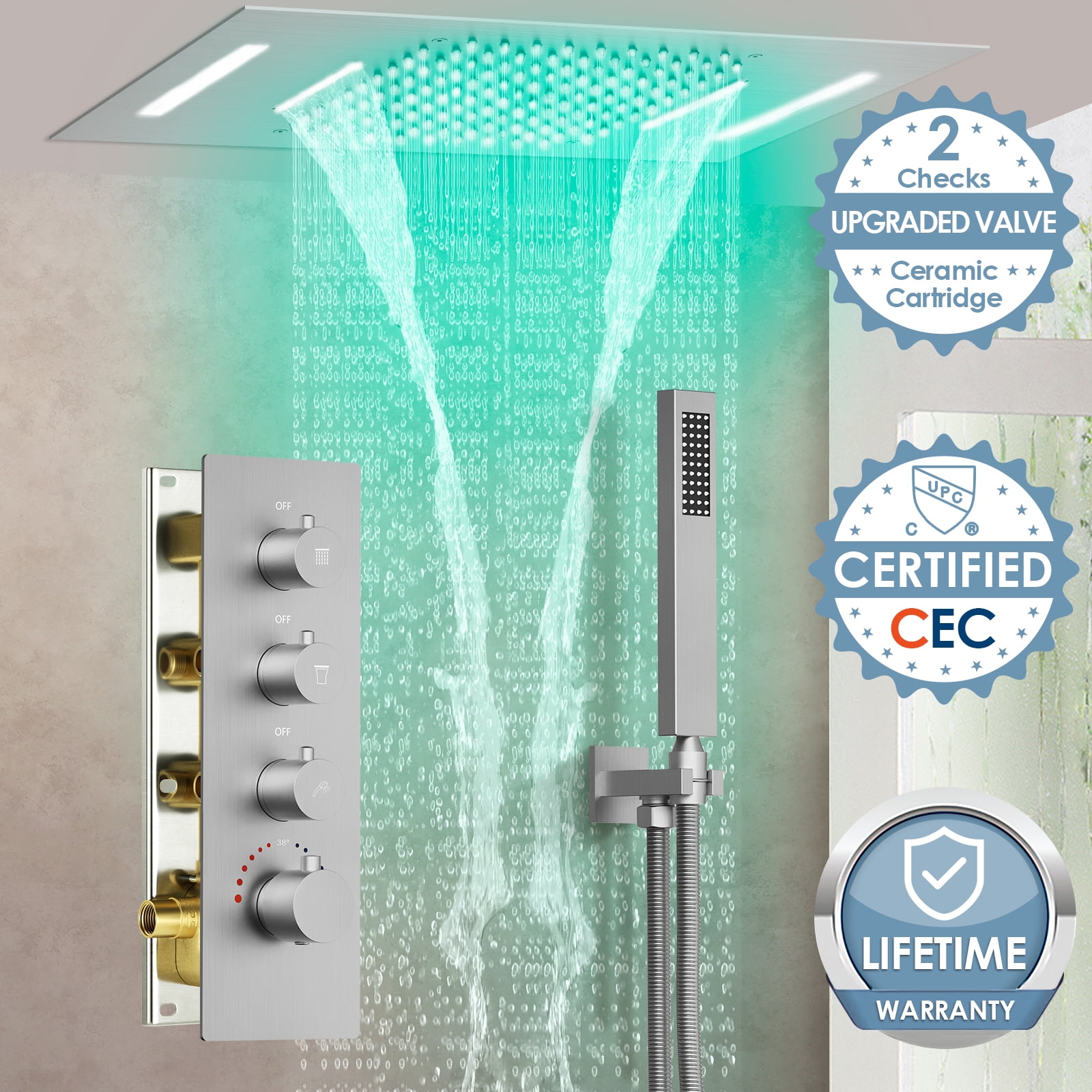 GRANDJOY RGB LED Shower System, 32 x 16 inch 2.5 GPM Ceiling Mounted ...