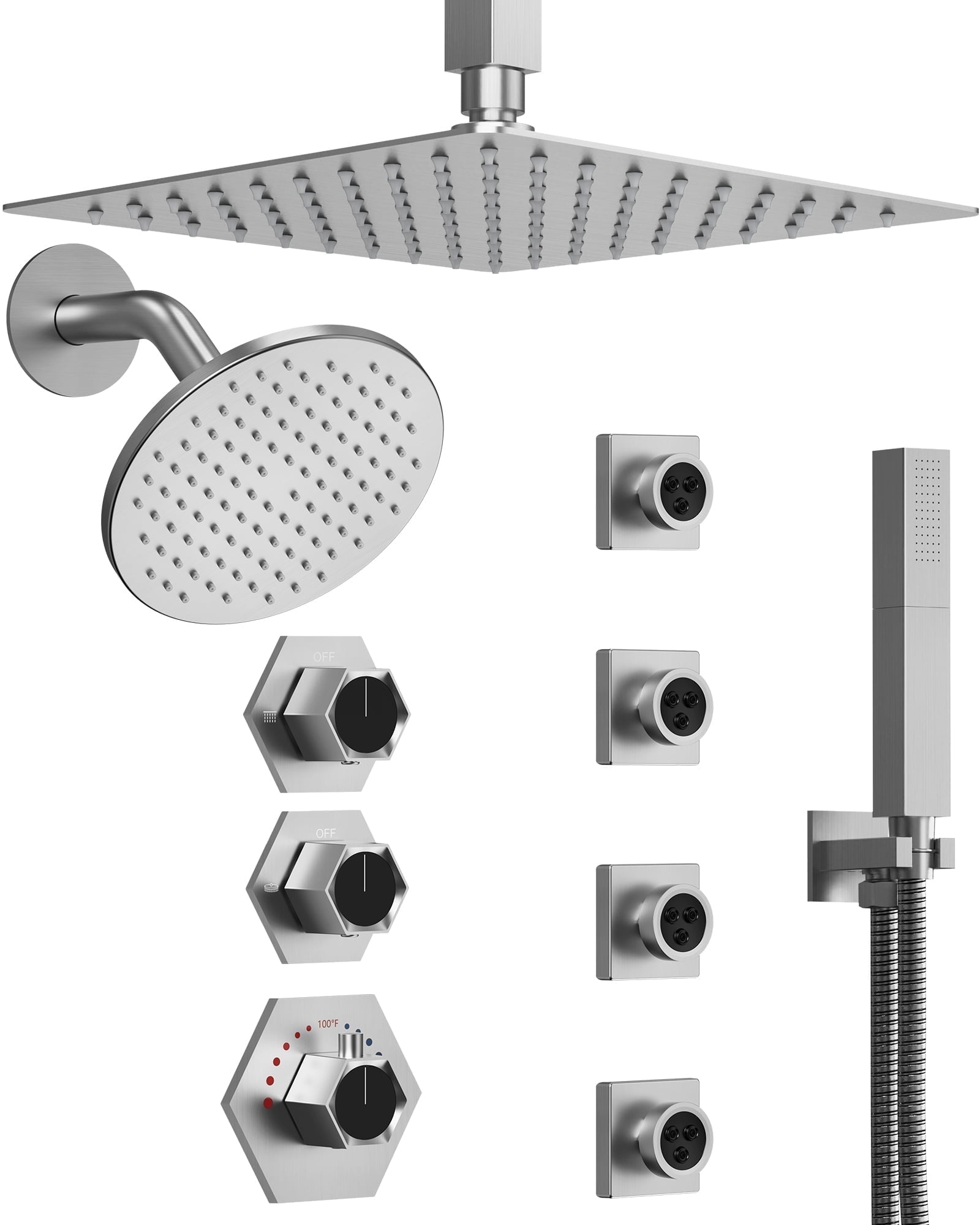 GRANDJOY Shower Faucet Set, 12" Ceiling and 6" Wall Mount Rainfall ...