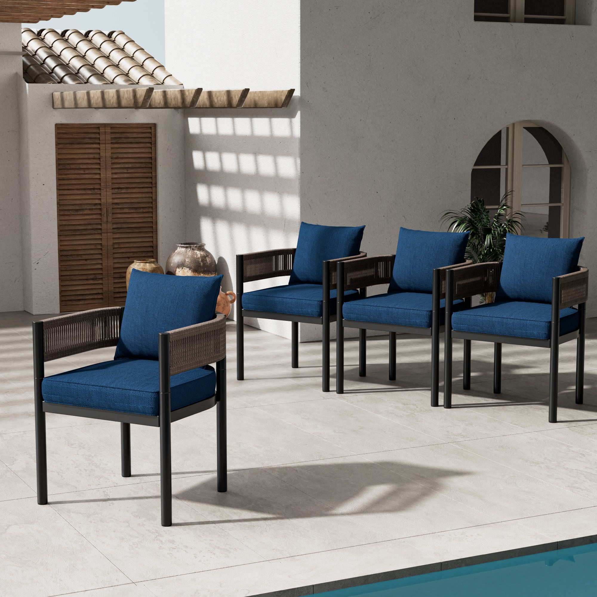 GRANDPATIO Steel Outdoor Dining Side Chairs - Set of 4, Blue Cushion ...