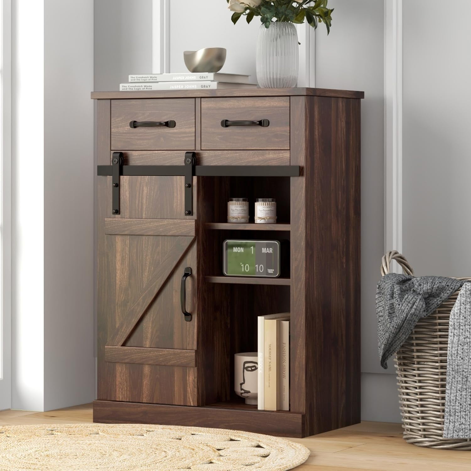 GRAVFORCE Farmhouse Storage Cabinet with Door and Drawers, Freestanding ...