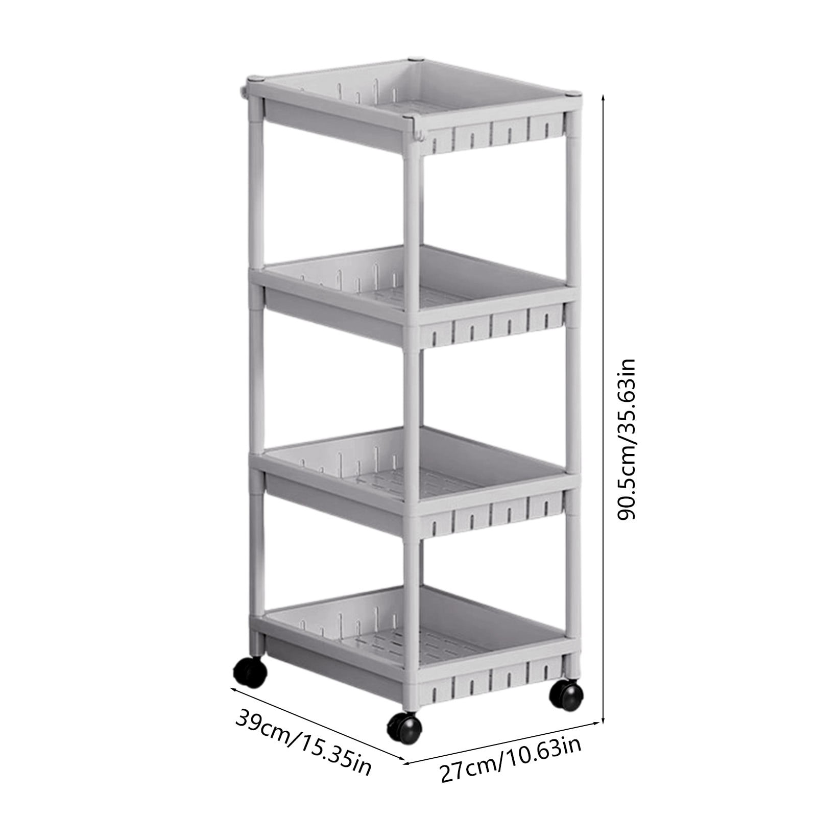 GRAY 4-Tier Plastic Storage Rack Movable With Wheels Large Capacity ...