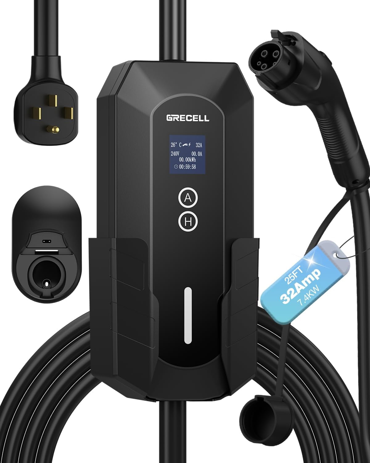 GRE-CELL Portable Level 2 EV Charger (240V, 32A) with 25ft Charging ...