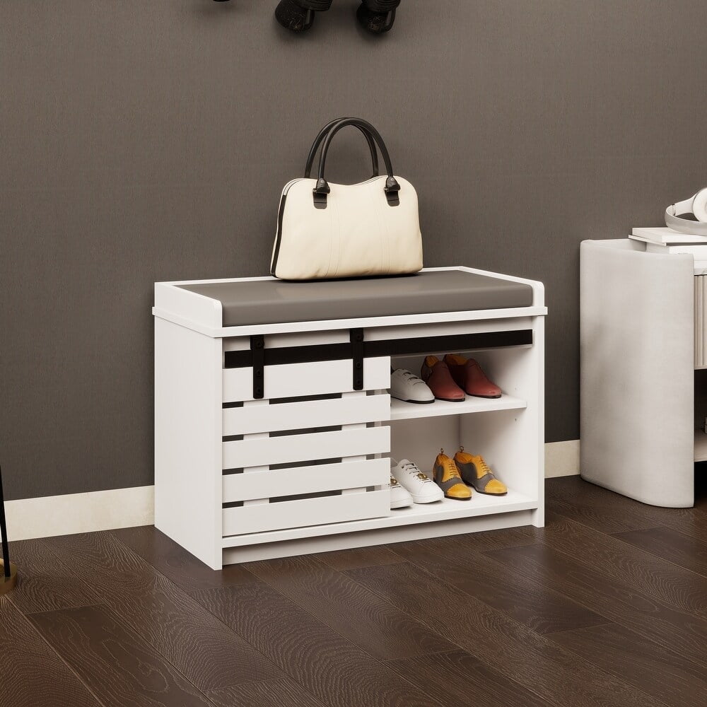 GREATER Shoe Storage Bench with Sliding Barn Door, 2-Tier Entryway ...