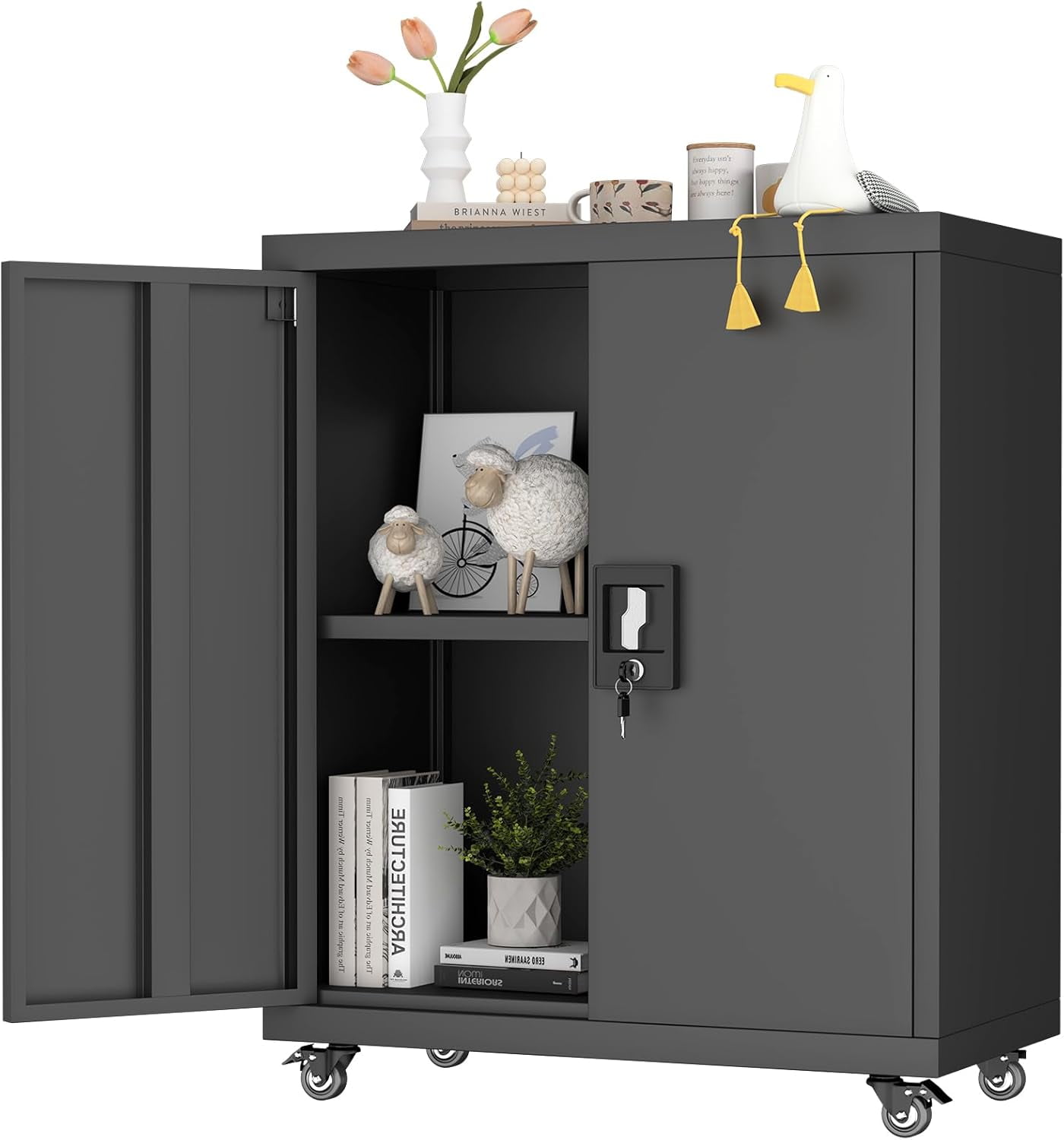 GREATMEET 31.5" H Metal Garage Storage Cabinet with Wheels, Lockable ...