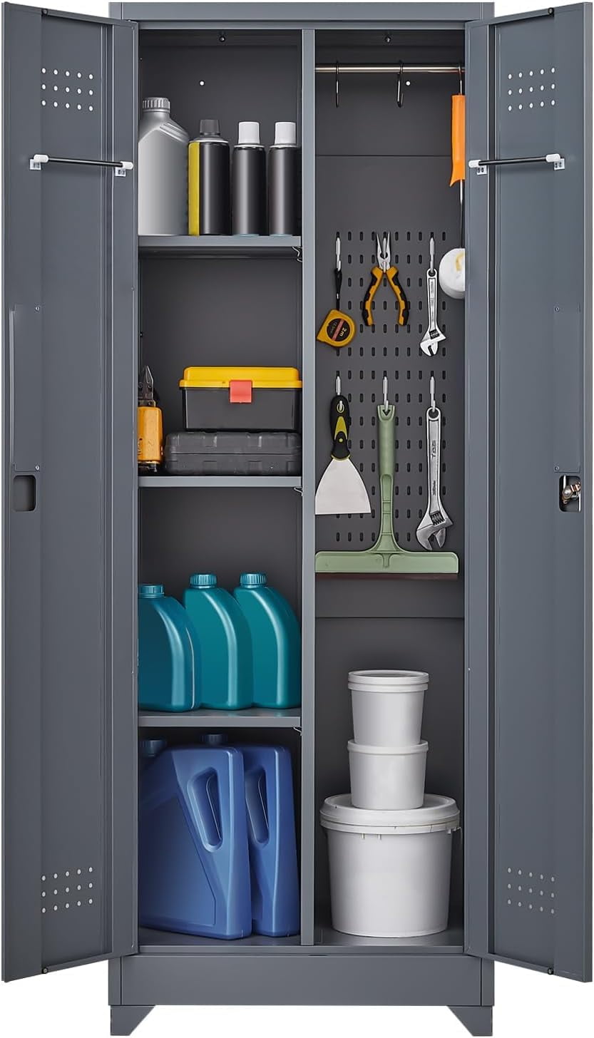 GREATMEET 65" Broom Storage Cabinet, Metal Utility Closet for Brooms ...
