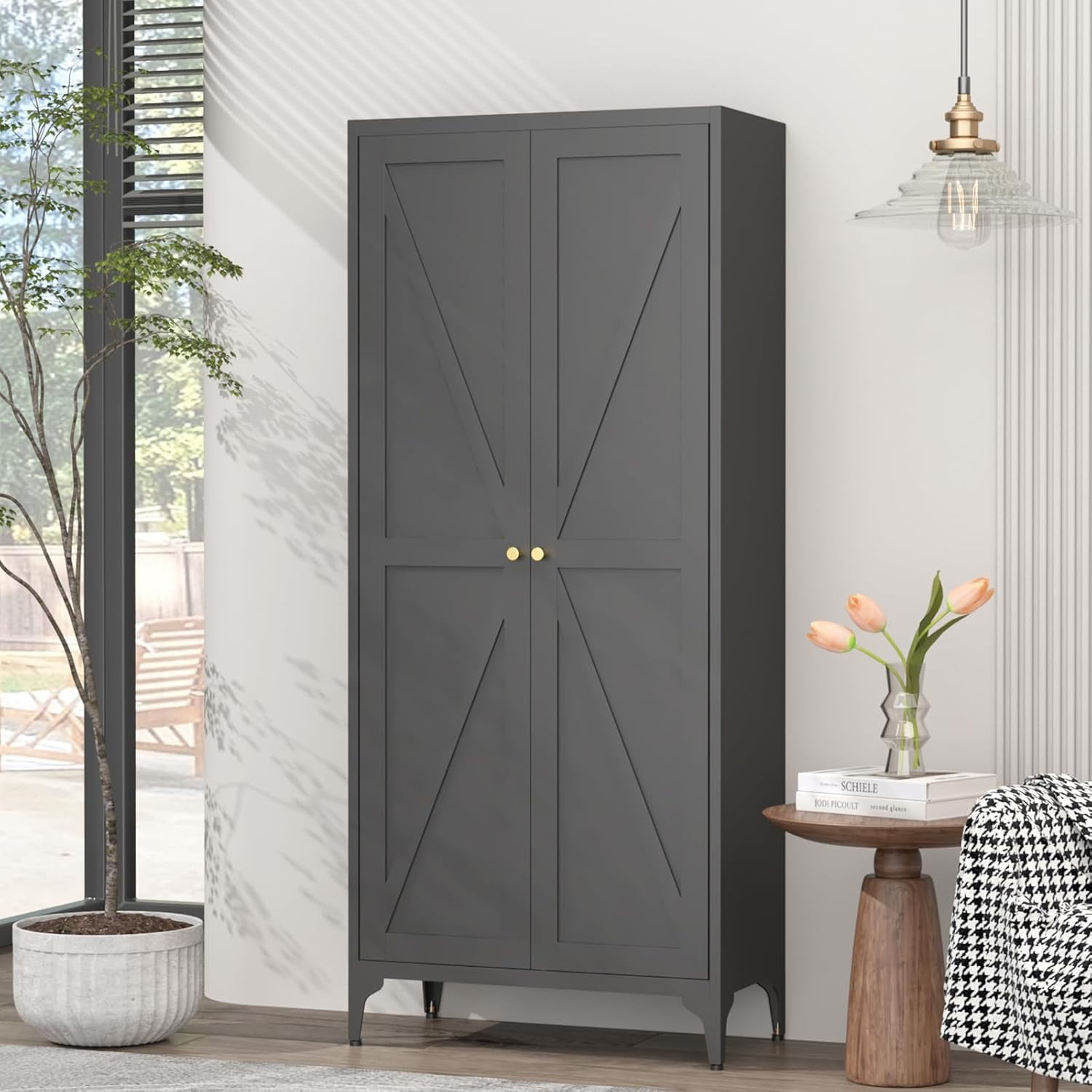 GREATMEET 65" Farmhouse Pantry Storage Cabinet, Black Metal Garage ...