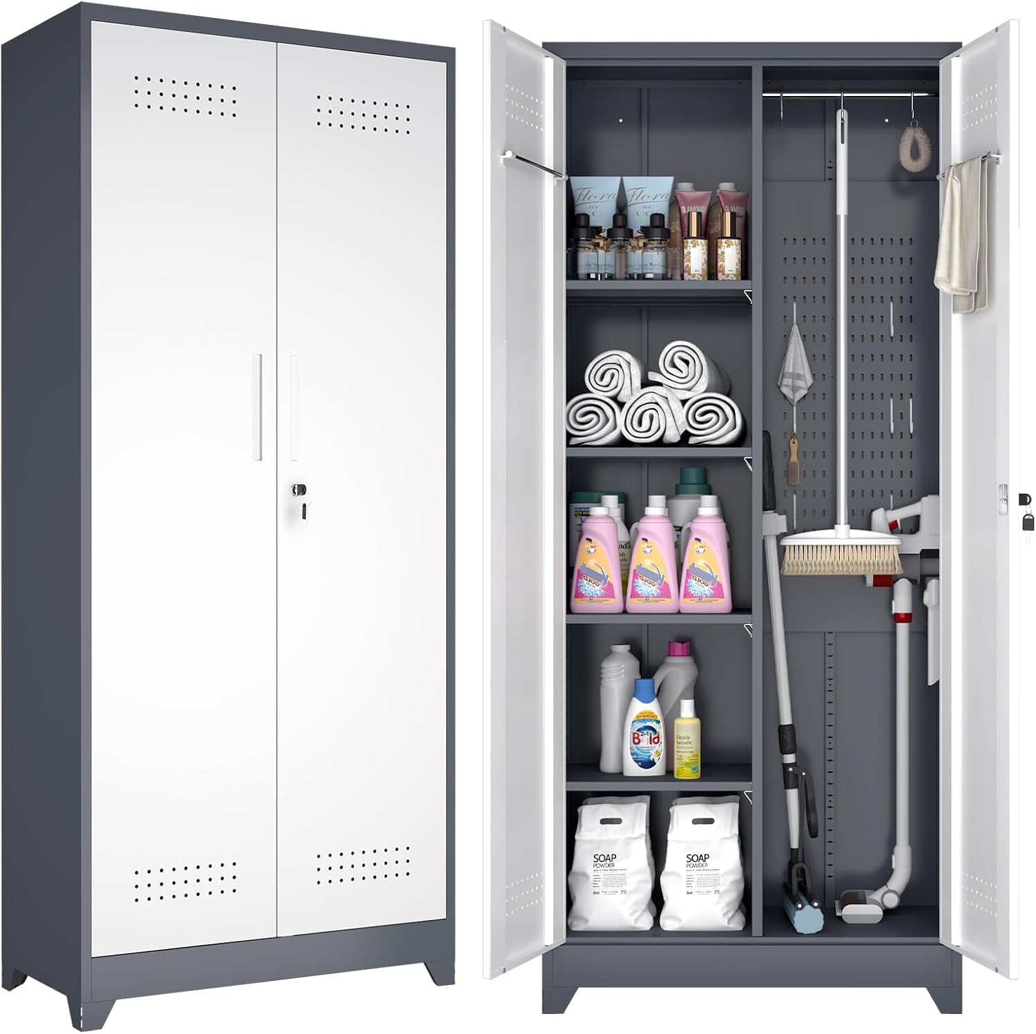 GREATMEET 72.8" H Metal Storage Cabinet for Cleaning Supplies, Broom ...