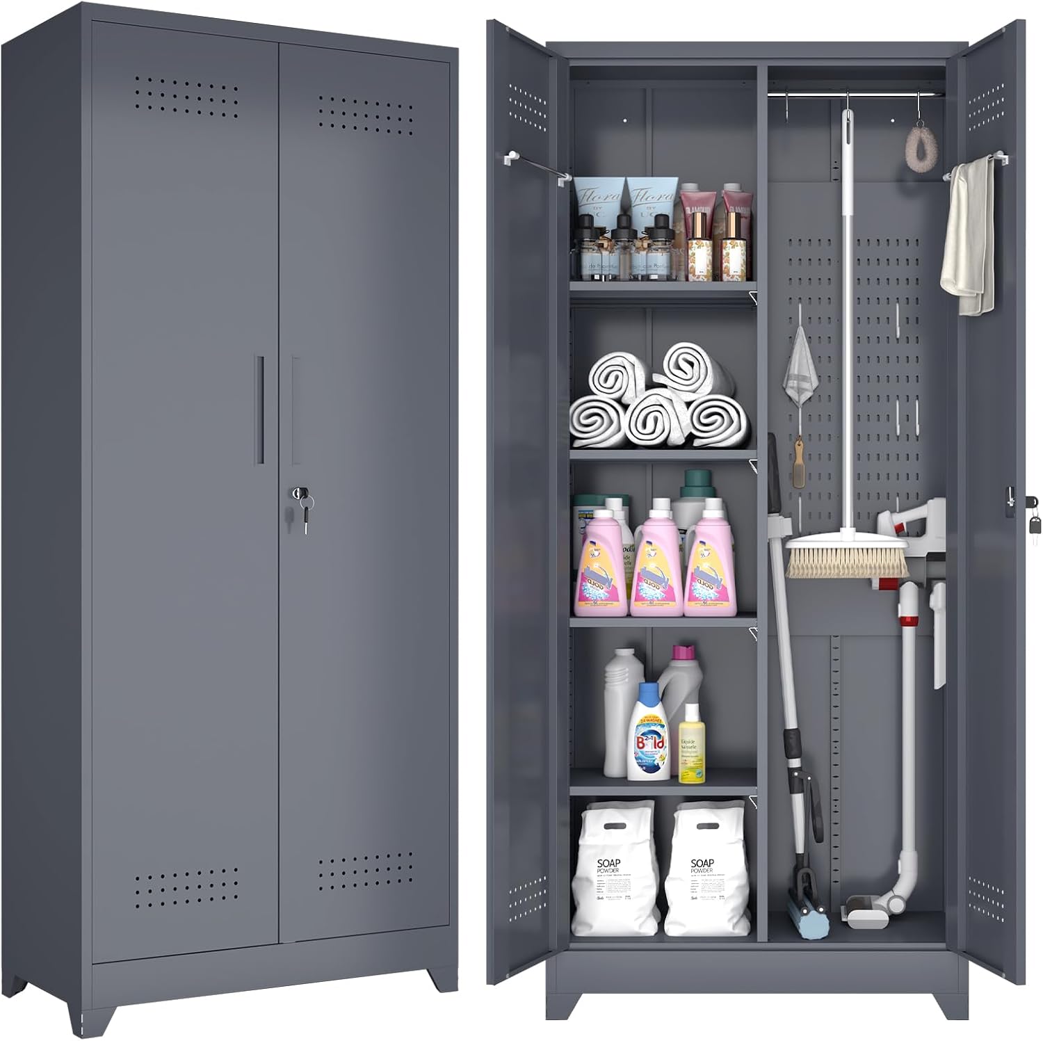 GREATMEET 72.8" H Utility Closet, Broom Closet Storage Cabinet with ...