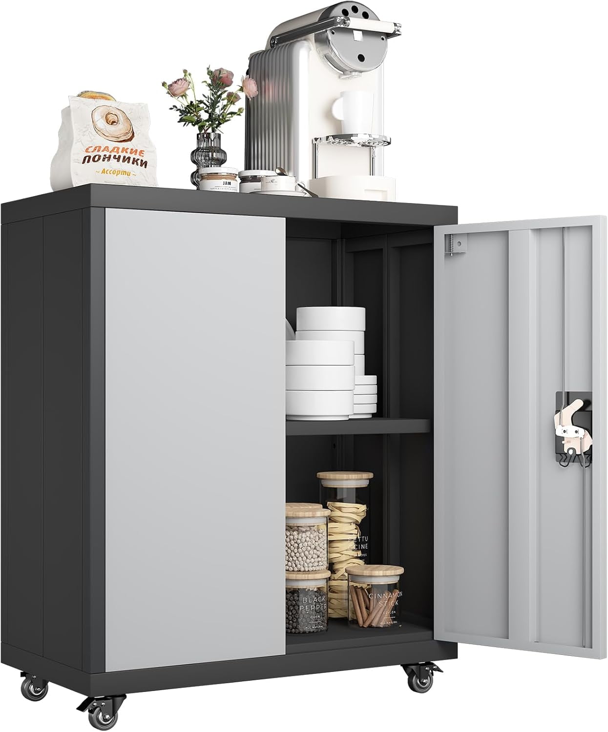 GREATMEET Metal Storage Cabinet with Wheels, Locking Cabinet with ...
