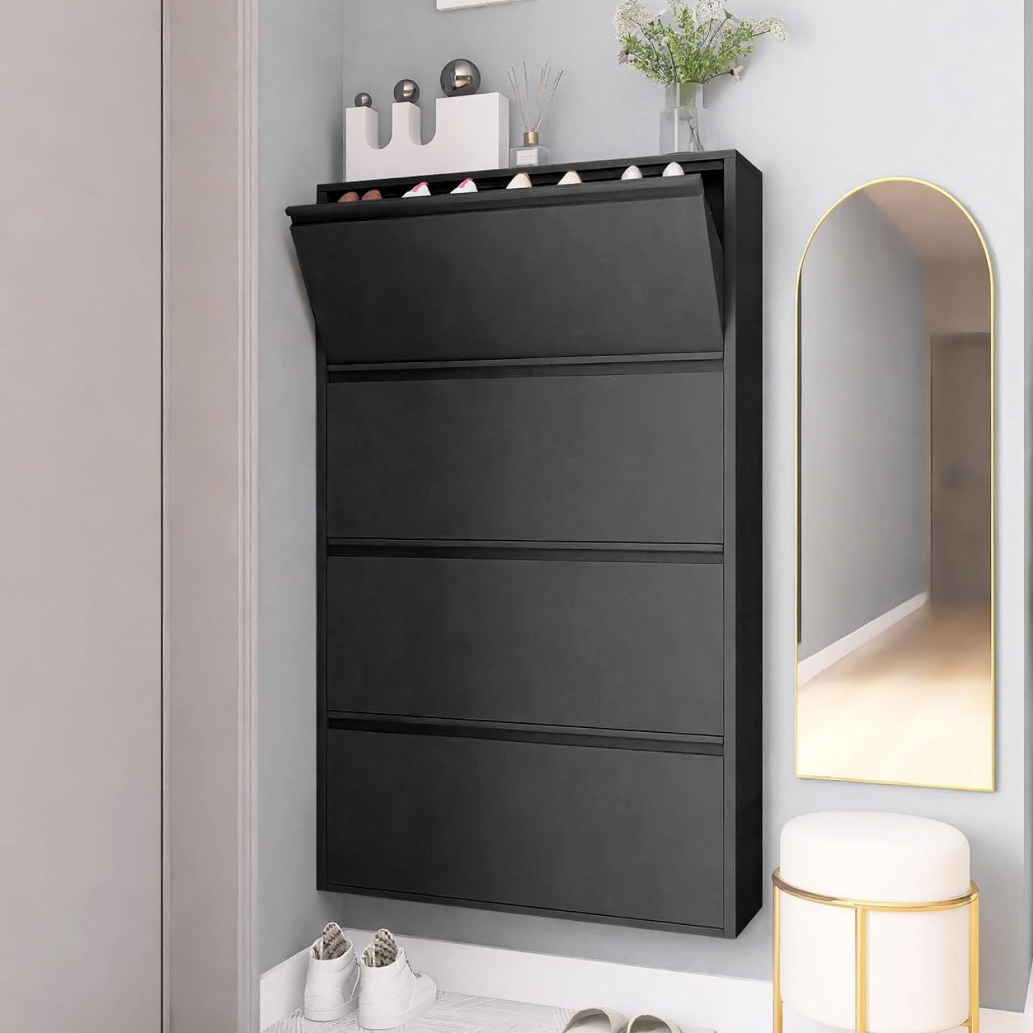 GREATMEET Shoe Storage Cabinet with 4 Flip Drawers, Wall Mounted Metal ...
