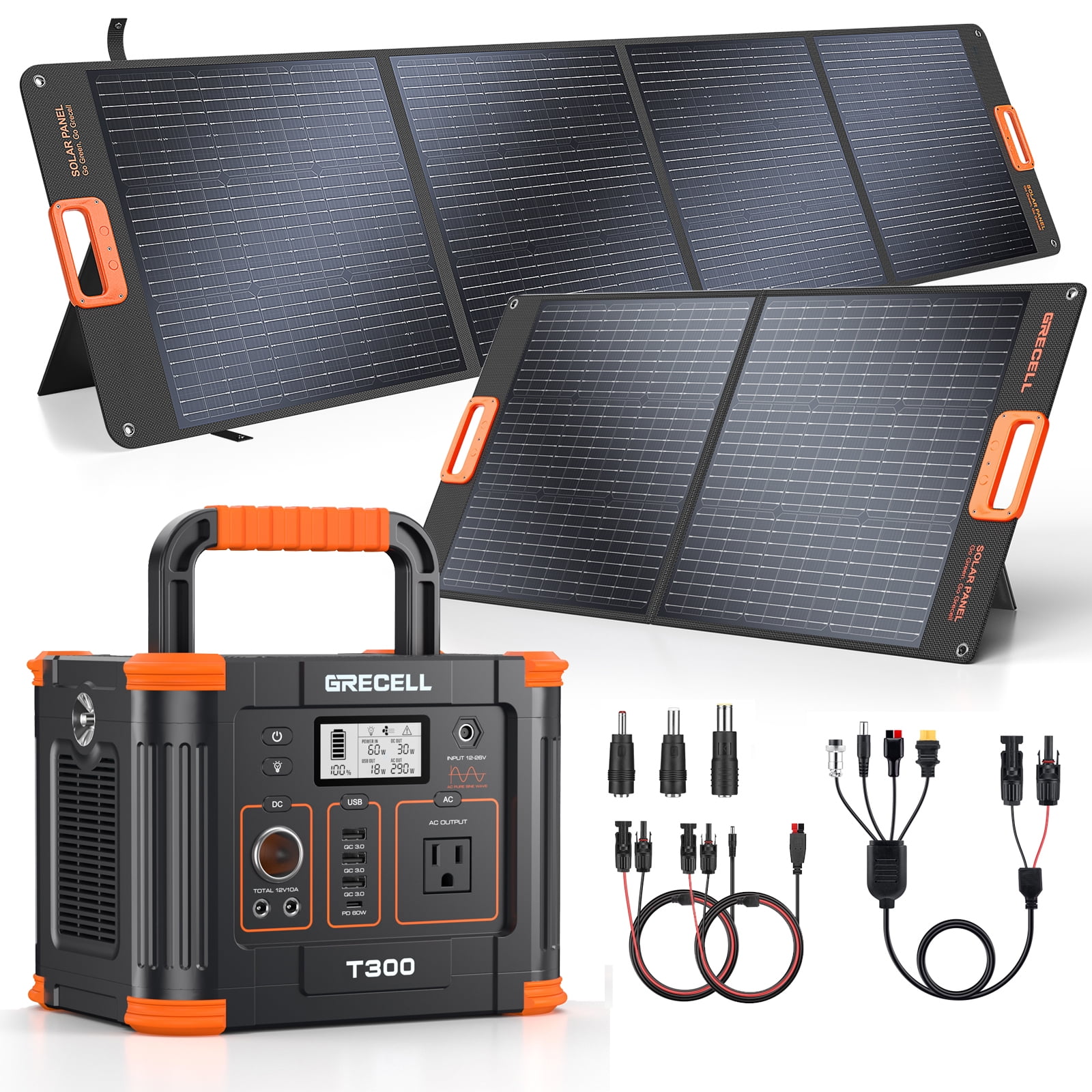 GRECELL 300W Portable Power Station and 100W 200W Portable Solar Panel with 330W AC Outlet ...