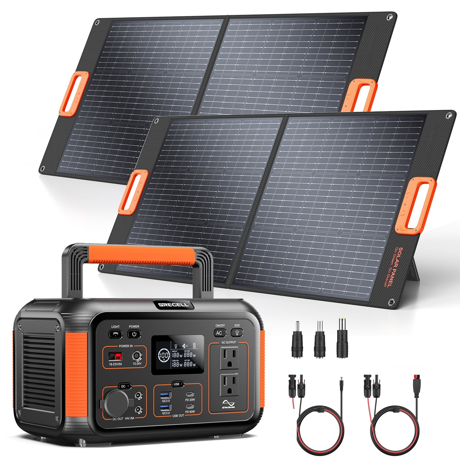 GRECELL 500W Portable Power Station with 100W Solar Panel 20V (2PCS), Solar Generator 500W AC ...