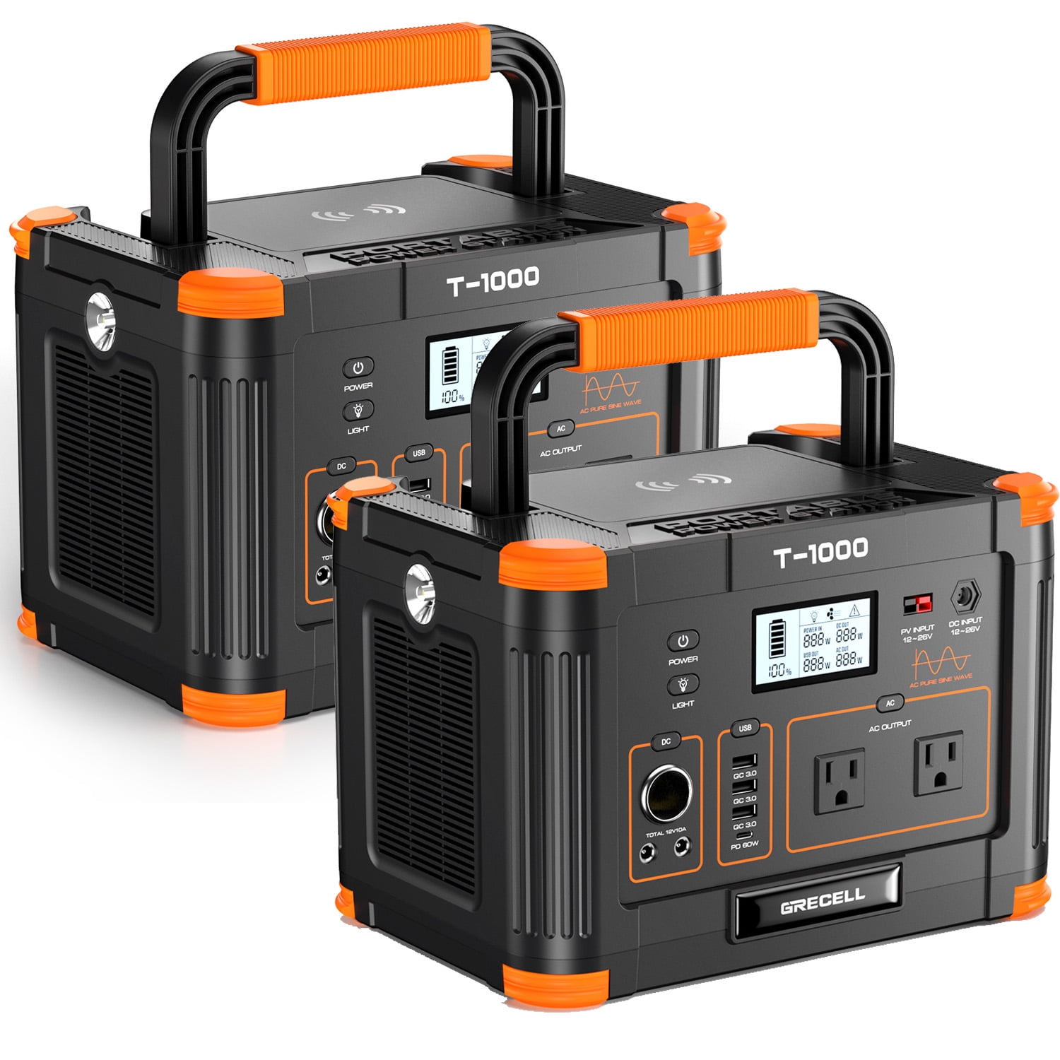 GRECELL 999Wh Solar Generator 1000W, 2 Pack Portable Power Station with 60W USB-C PD Output ...