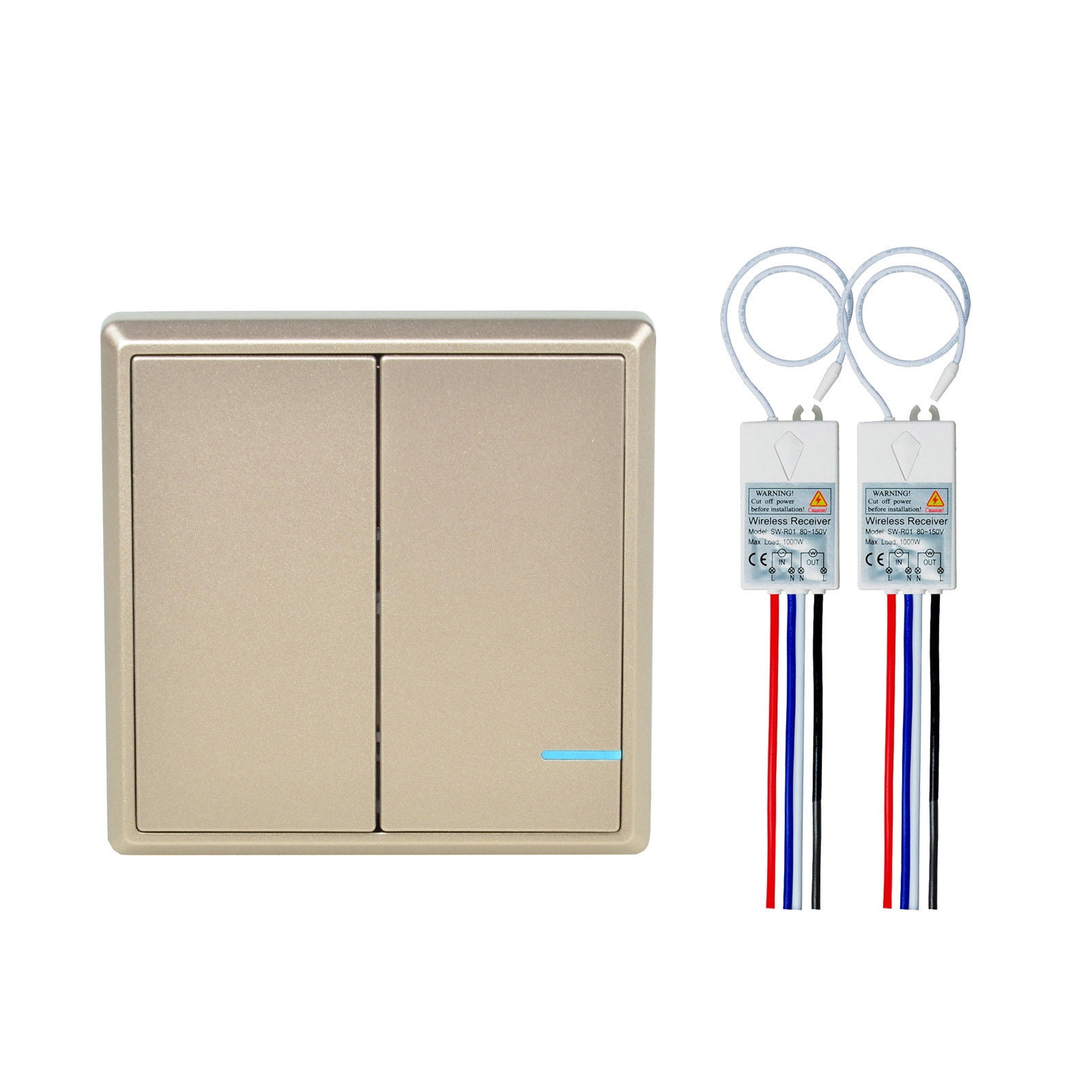 GREENCYCLE 2-Gang Gold Plate Wireless Light Switch with 110V Receiver ...