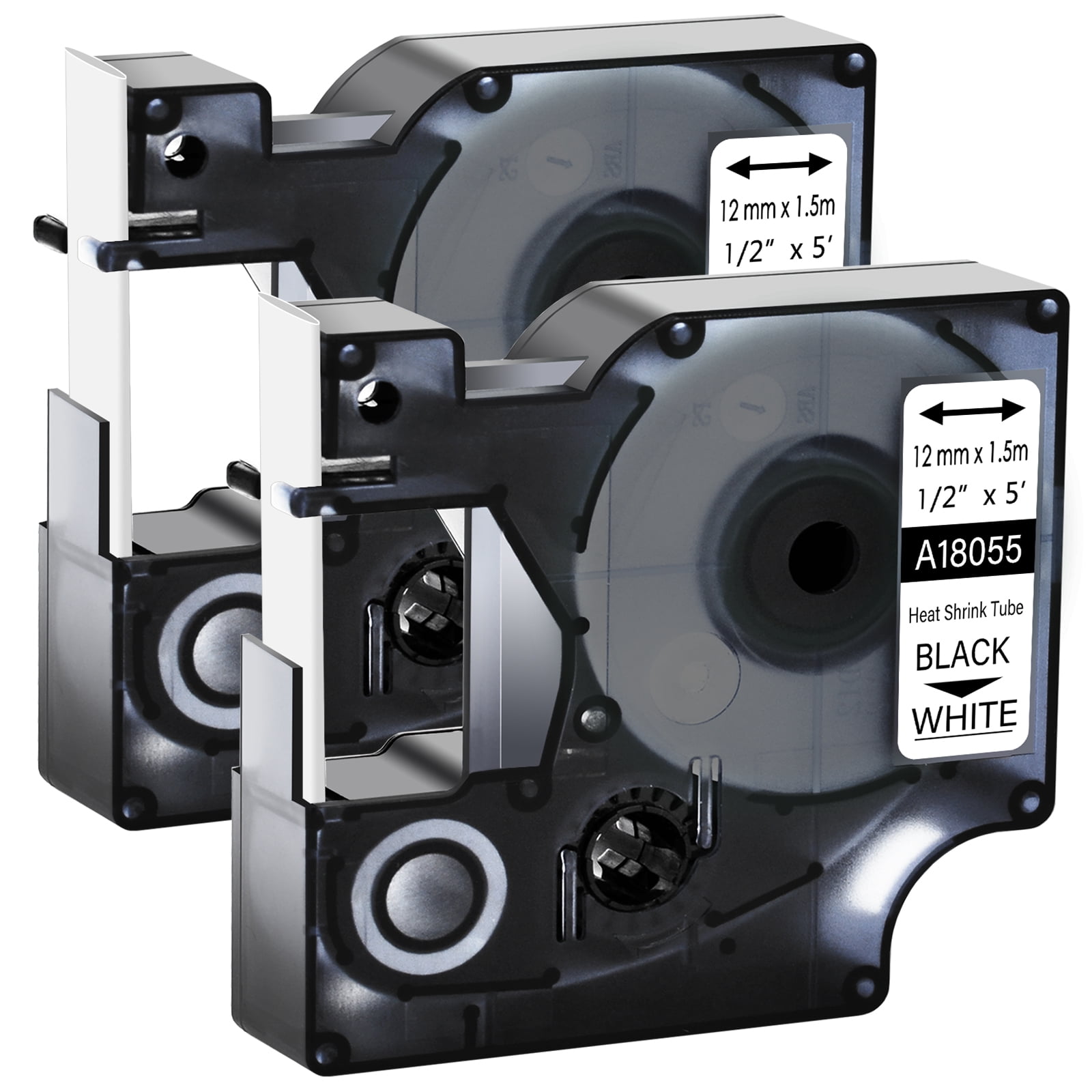 GREENCYCLE 2PK Industrial Rhino Heat Shrink Tubes Compatible for DYMO 18055 12mm 1/2" Black on ...