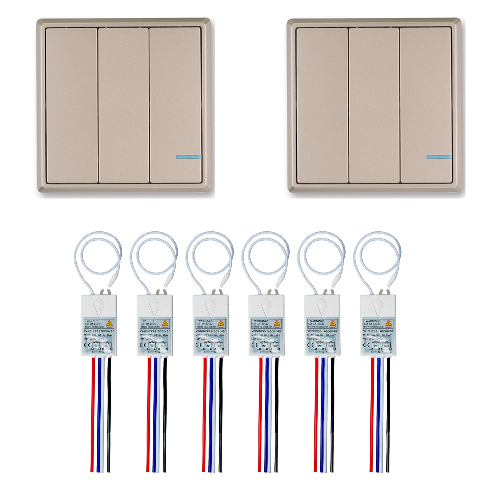 GREENCYCLE 3-Gang Gold Plate Wireless Light Switch with 110V Receiver ...