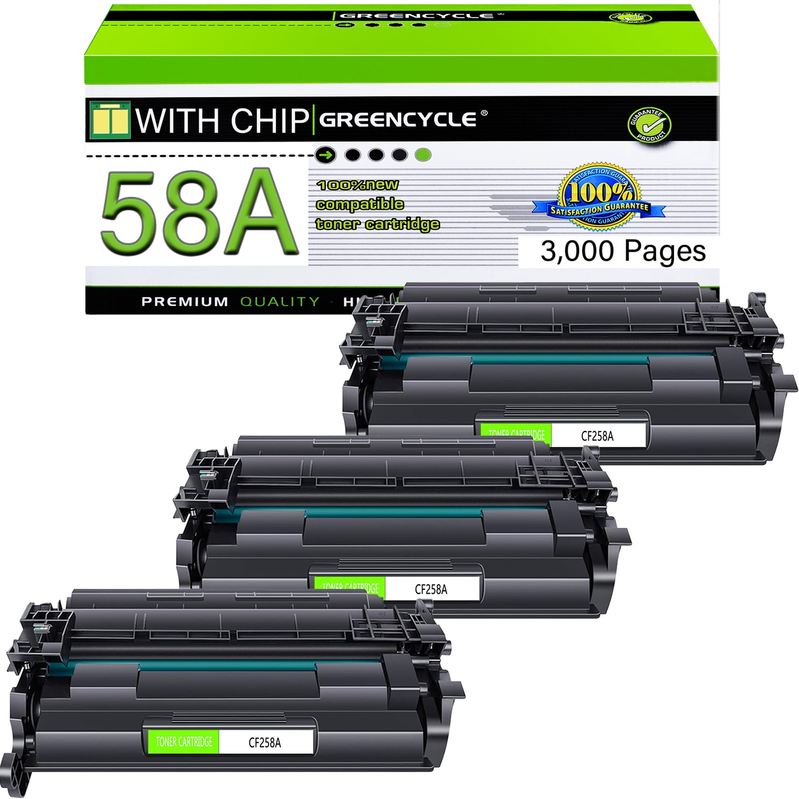 GREENCYCLE 3 Pack CF258A (with Chip) Compatible Black Toner Cartridge Replacement for HP 58A ...