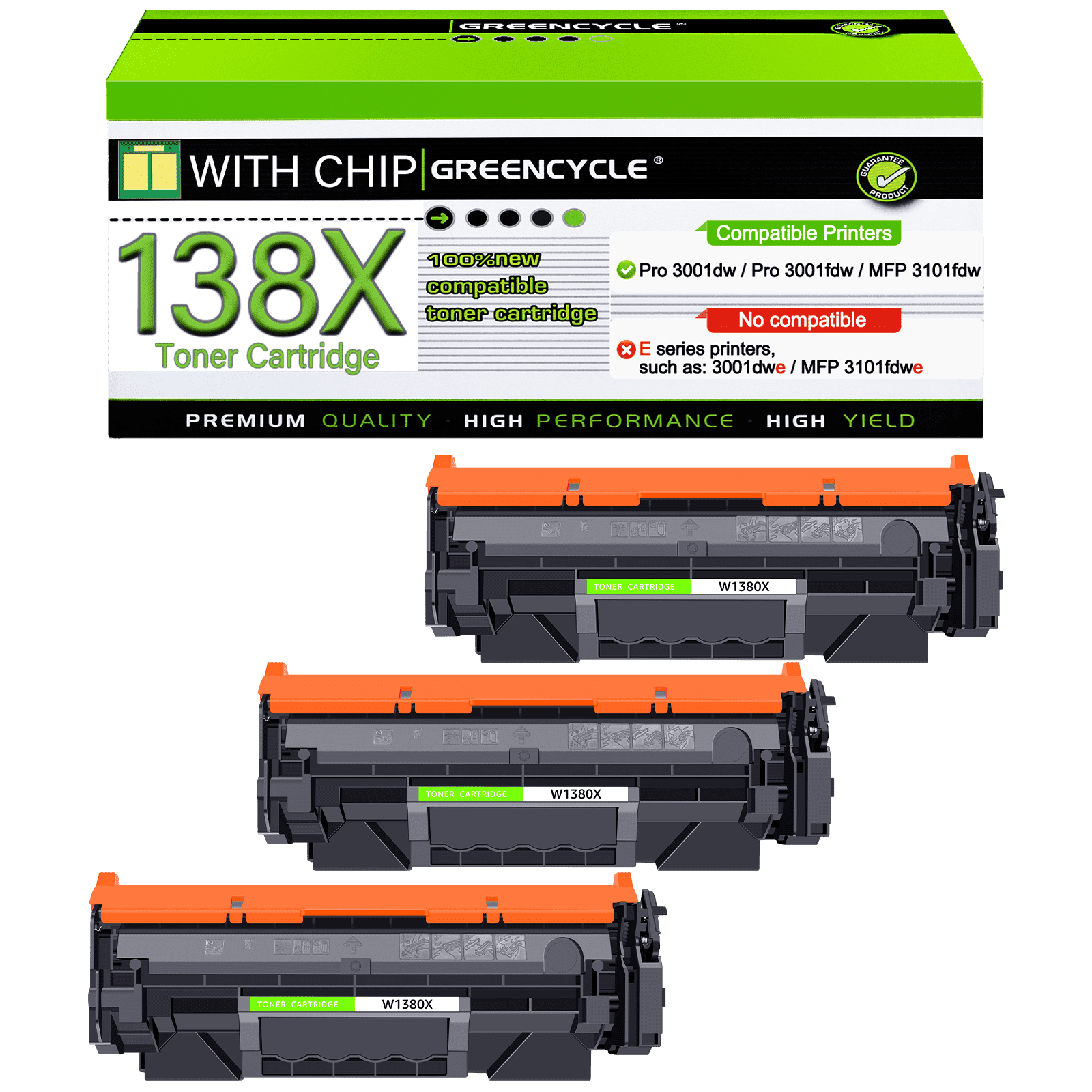 GREENCYCLE 3 Pack Compatible for HP 138X W1380X 138A W1380A Black Toner ...