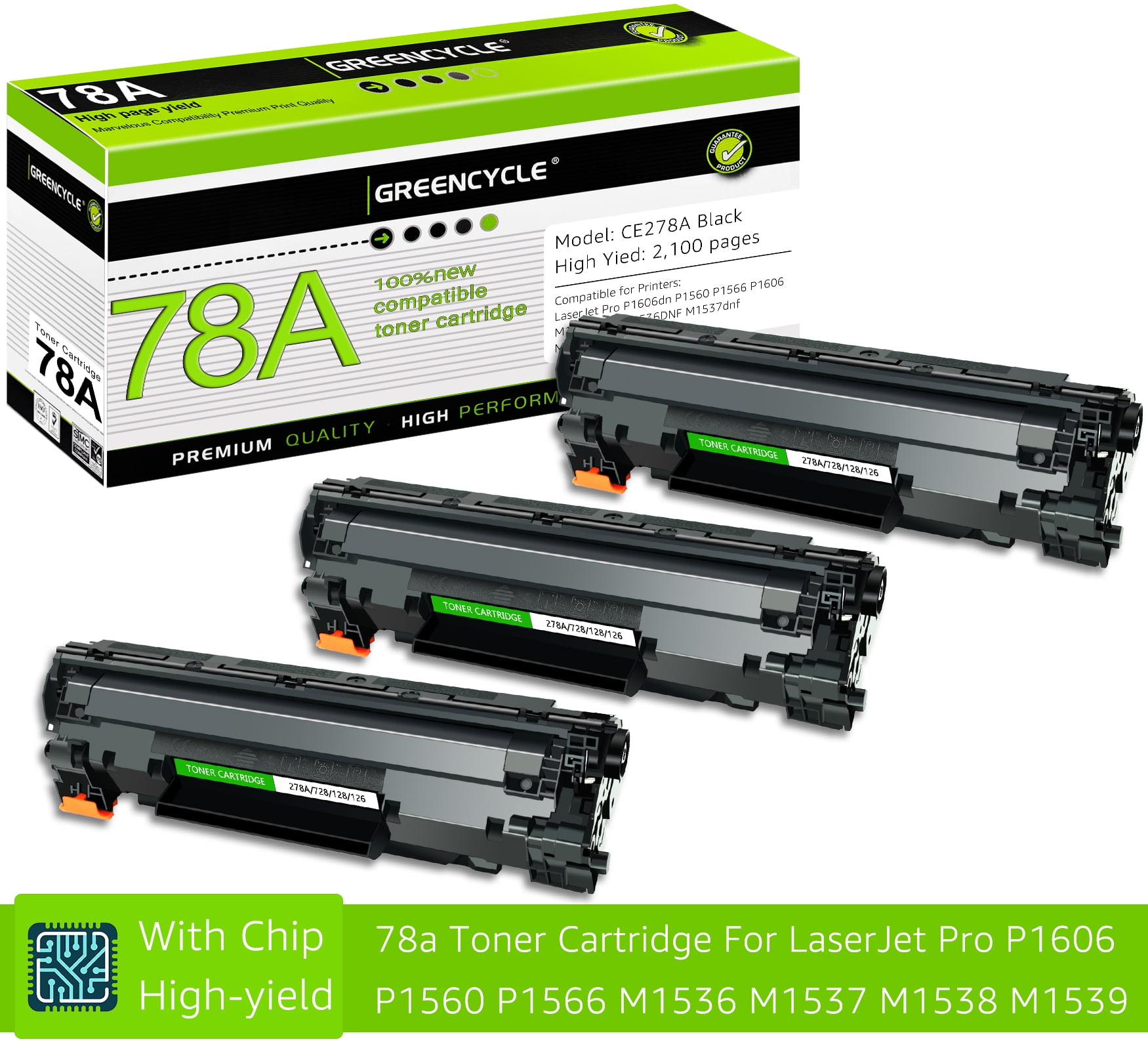 GREENCYCLE 3-Pack Compatible Toner for HP 78A CE278A, Black, for ...