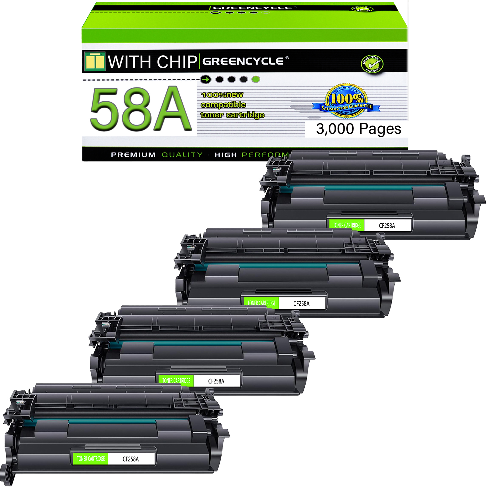 GREENCYCLE 4 Pack CF258A (with Chip) Compatible Black Toner Cartridge ...