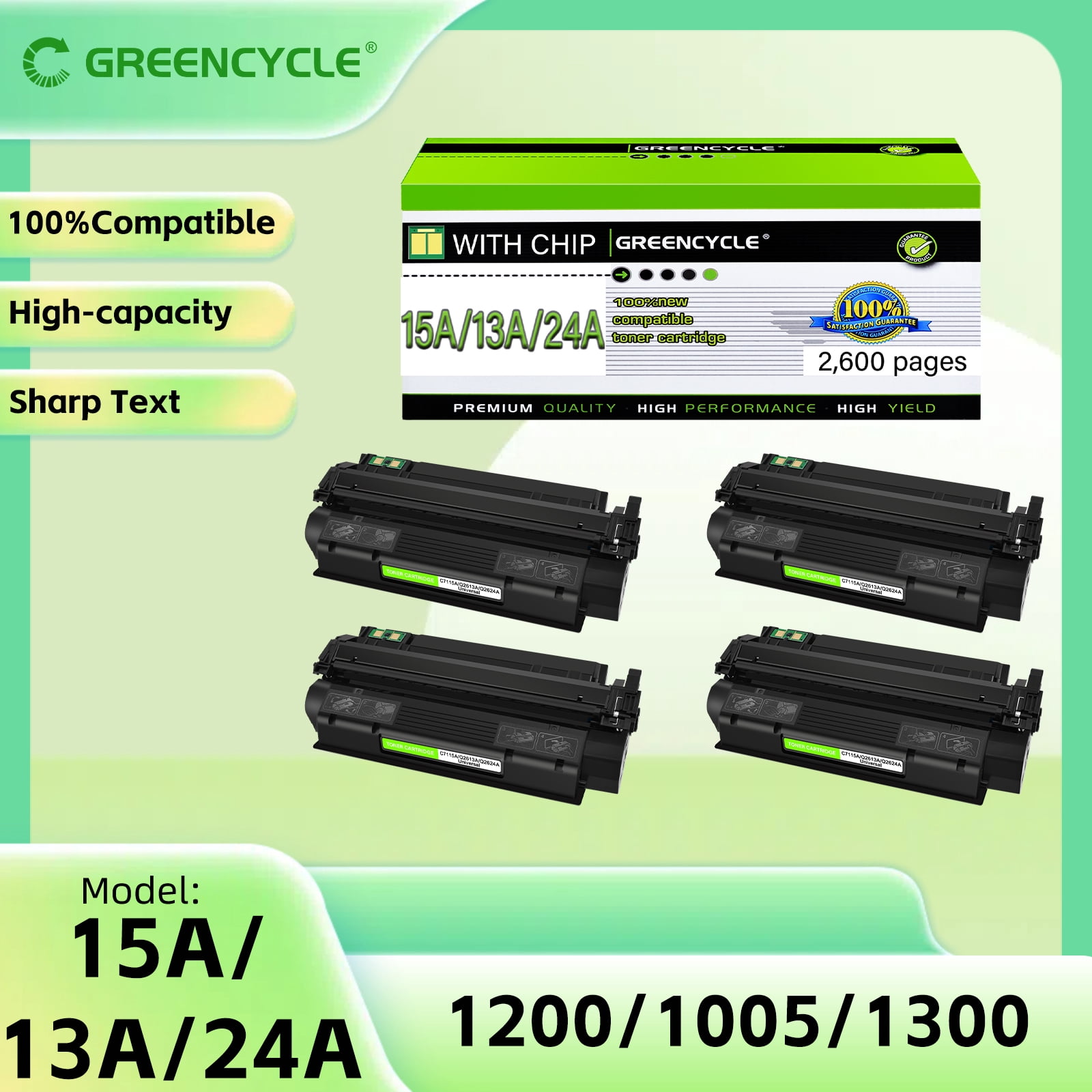 GREENCYCLE 4 Pack Compatible for HP 15A C7115A 13A Q2613A Black Toner ...